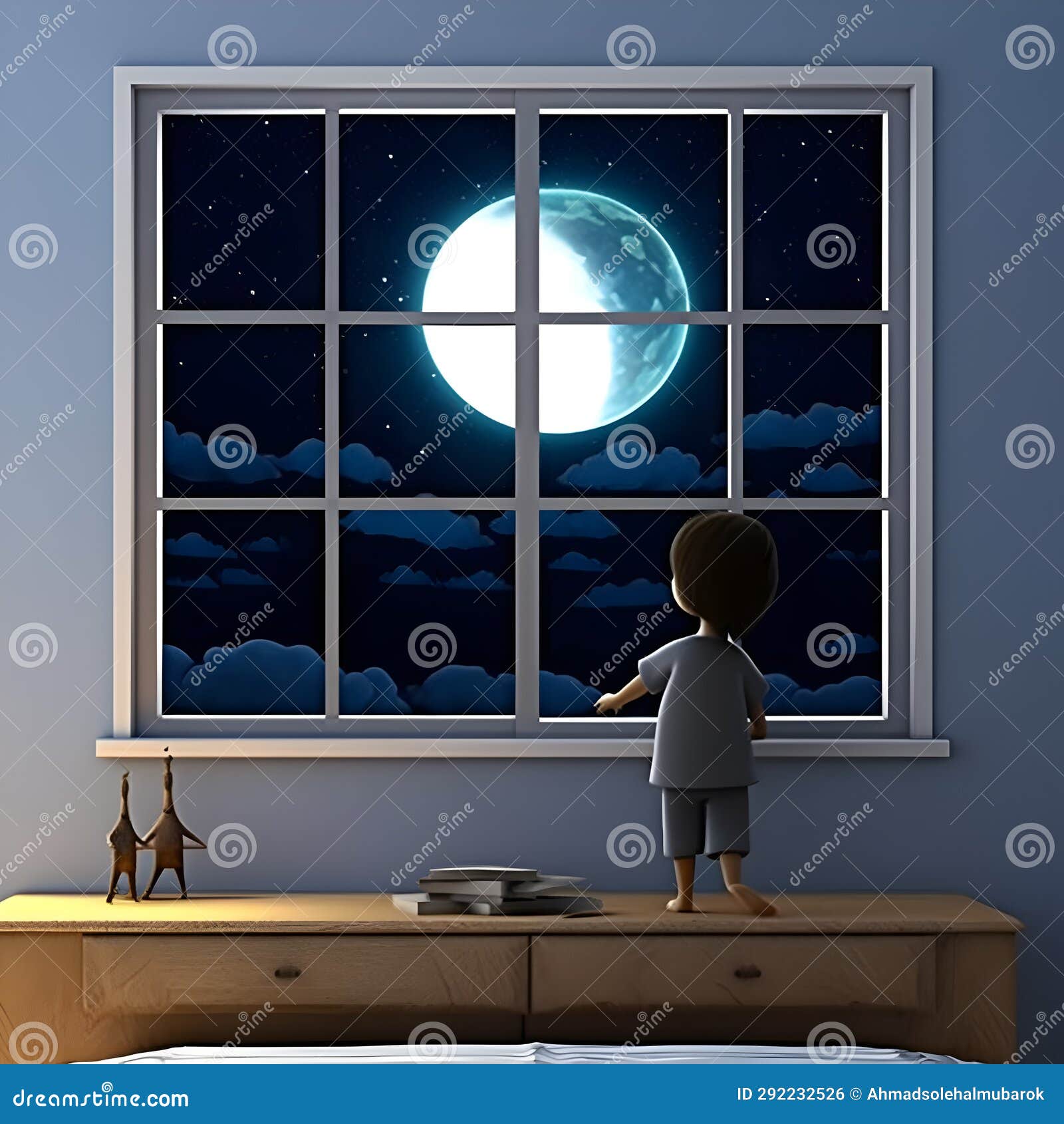 Cartoon 3d Kid Looking at the Full Moon through the Window Stock ...