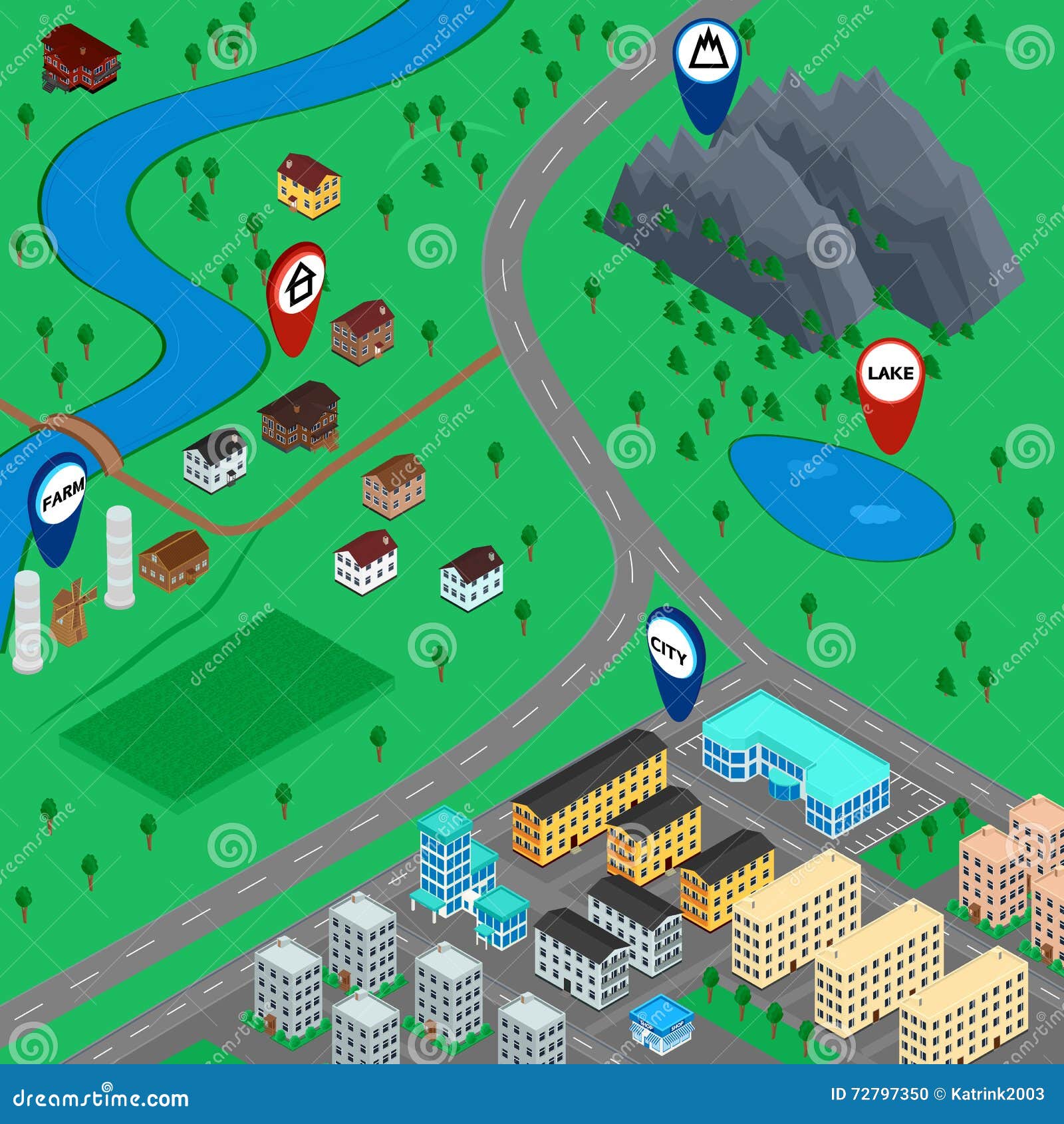 Cartoon 3D map landscape stock vector. Illustration of land - 72797350