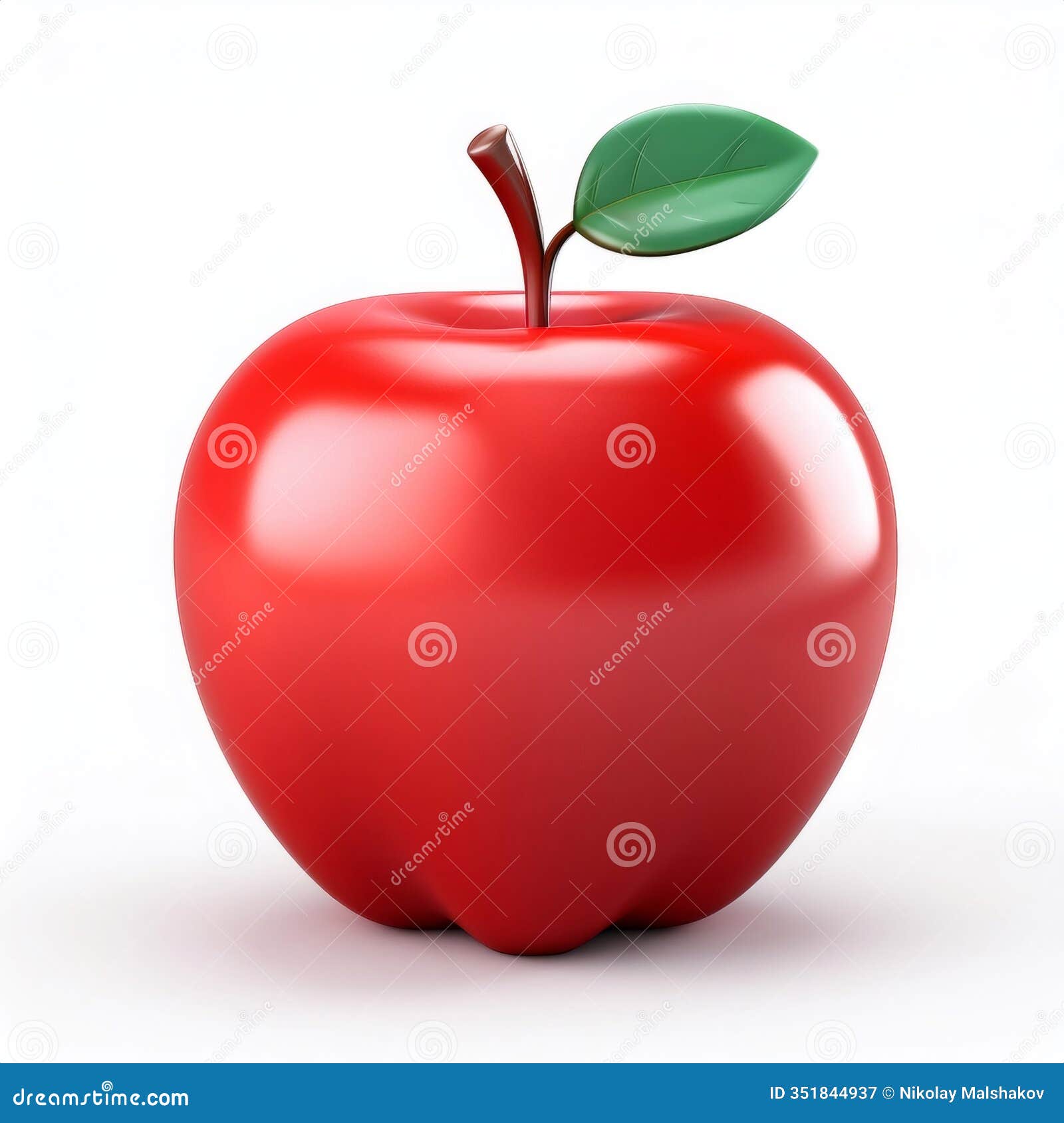 Cartoon 3D Rendering of a Shiny Red Apple with Stem and Leaf, Isolated ...