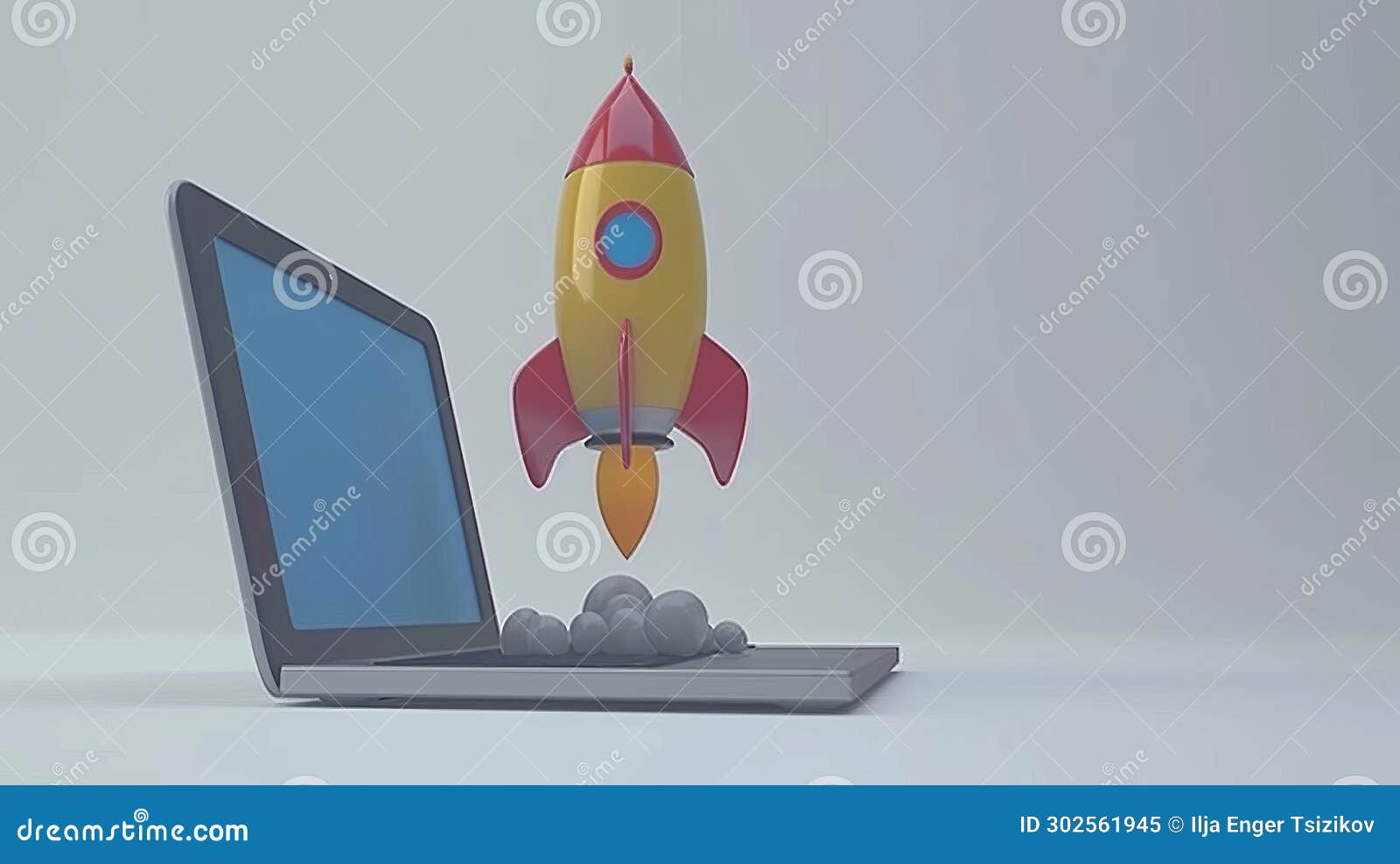 Cartoon 3d Style Illustration Rocket Launching from Laptop Screen on ...