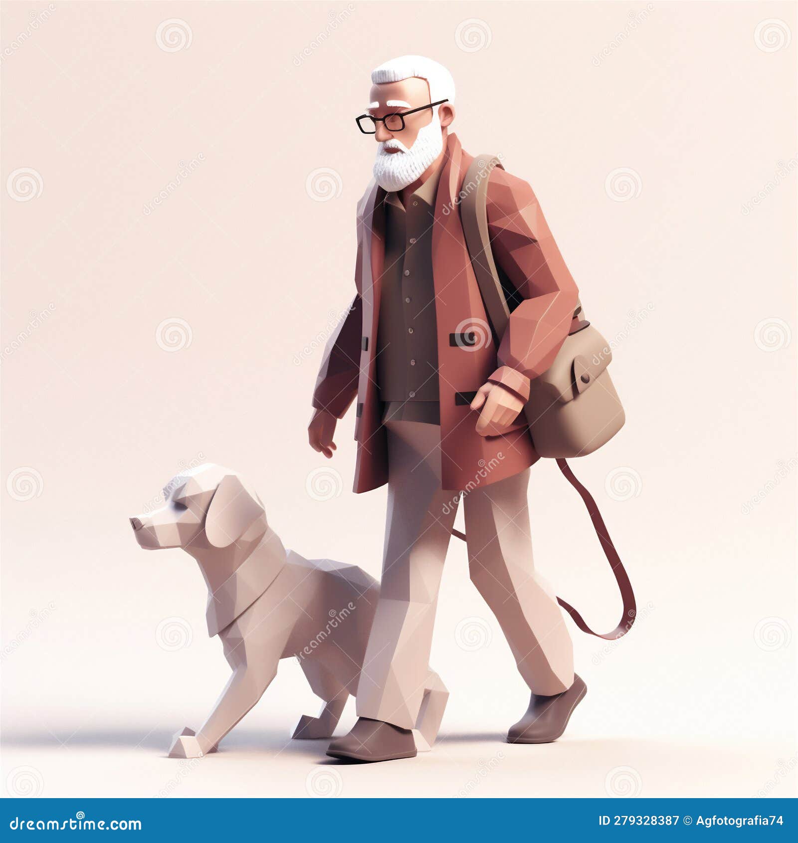 Cartoon 3D Stylized Illustration of Elderly Man Walking with Guide Dog ...