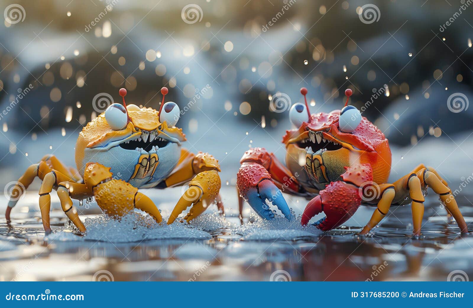 Cartoon, 3D, Two Crabs Walking in the Water Along the Shore. Stock ...