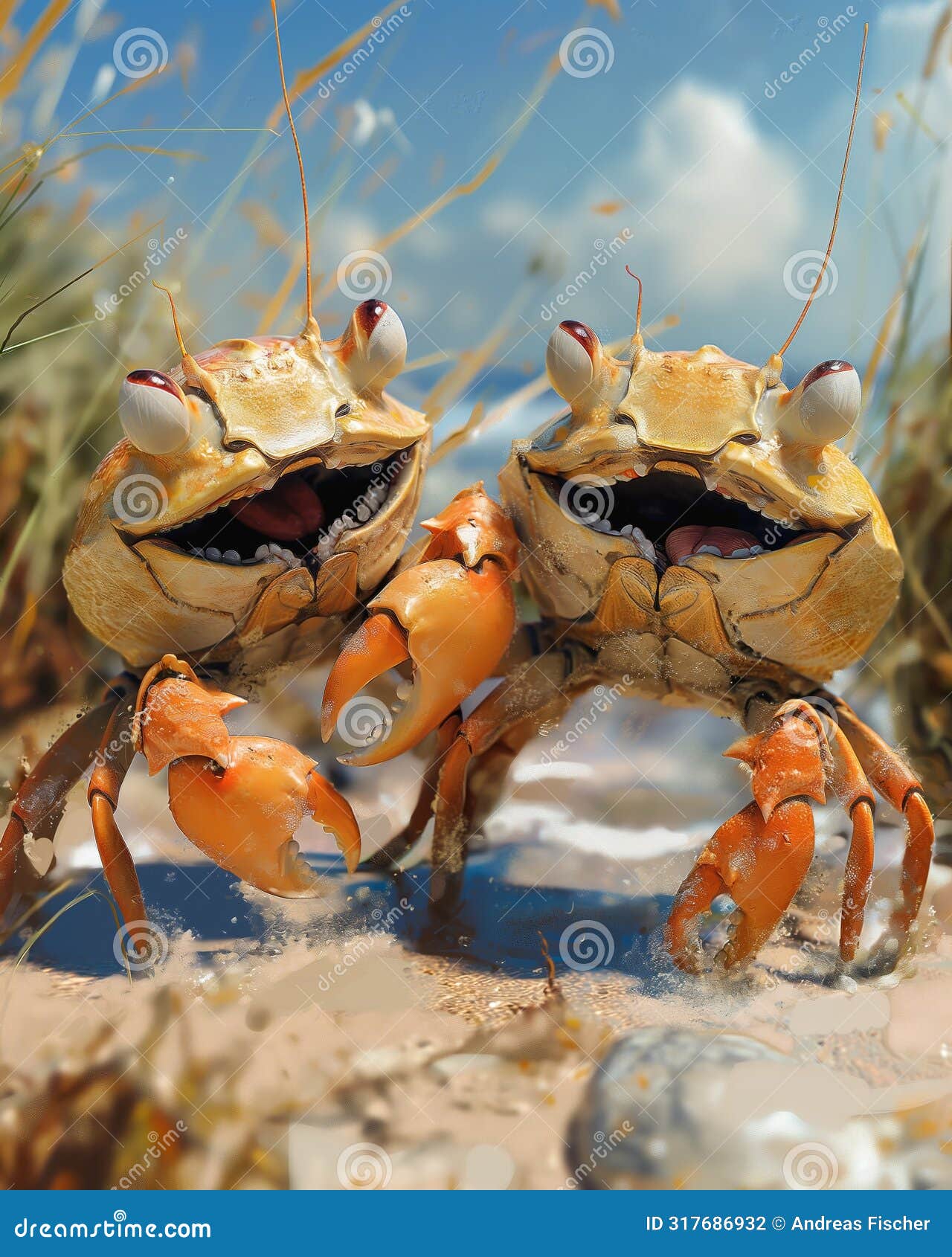Cartoon, 3D, Two Crabs Walking in the Water Along the Shore. Stock ...