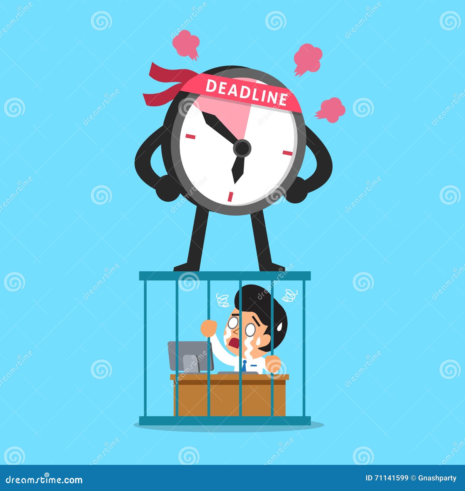 Cartoon Deadline Clock Character with Businessman Working in Prison ...