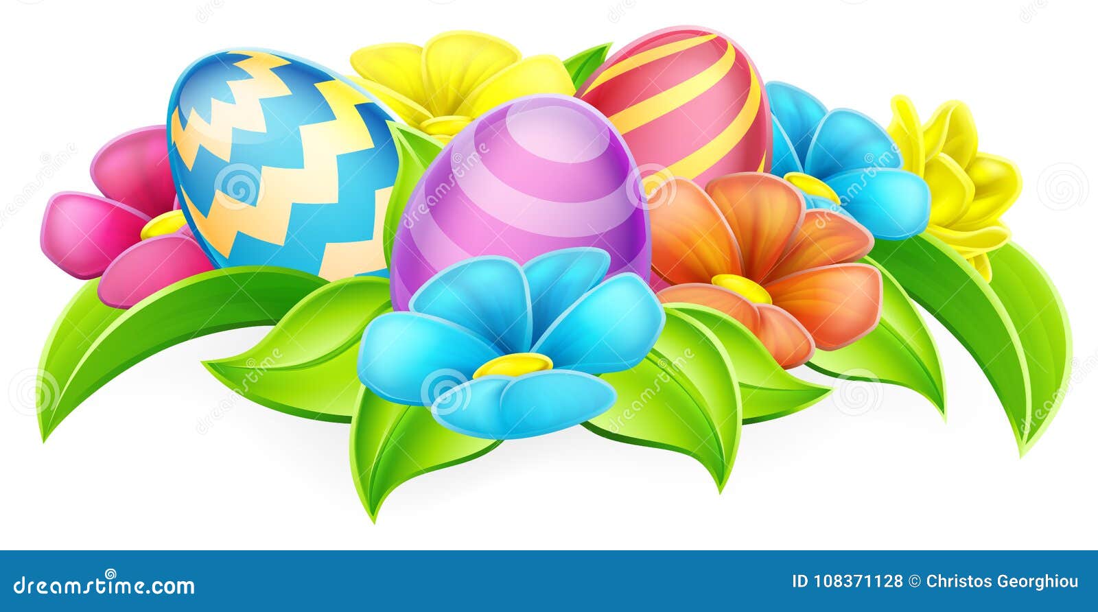 Cartoon Decorated Easter Eggs and Flowers Stock Vector - Illustration ...