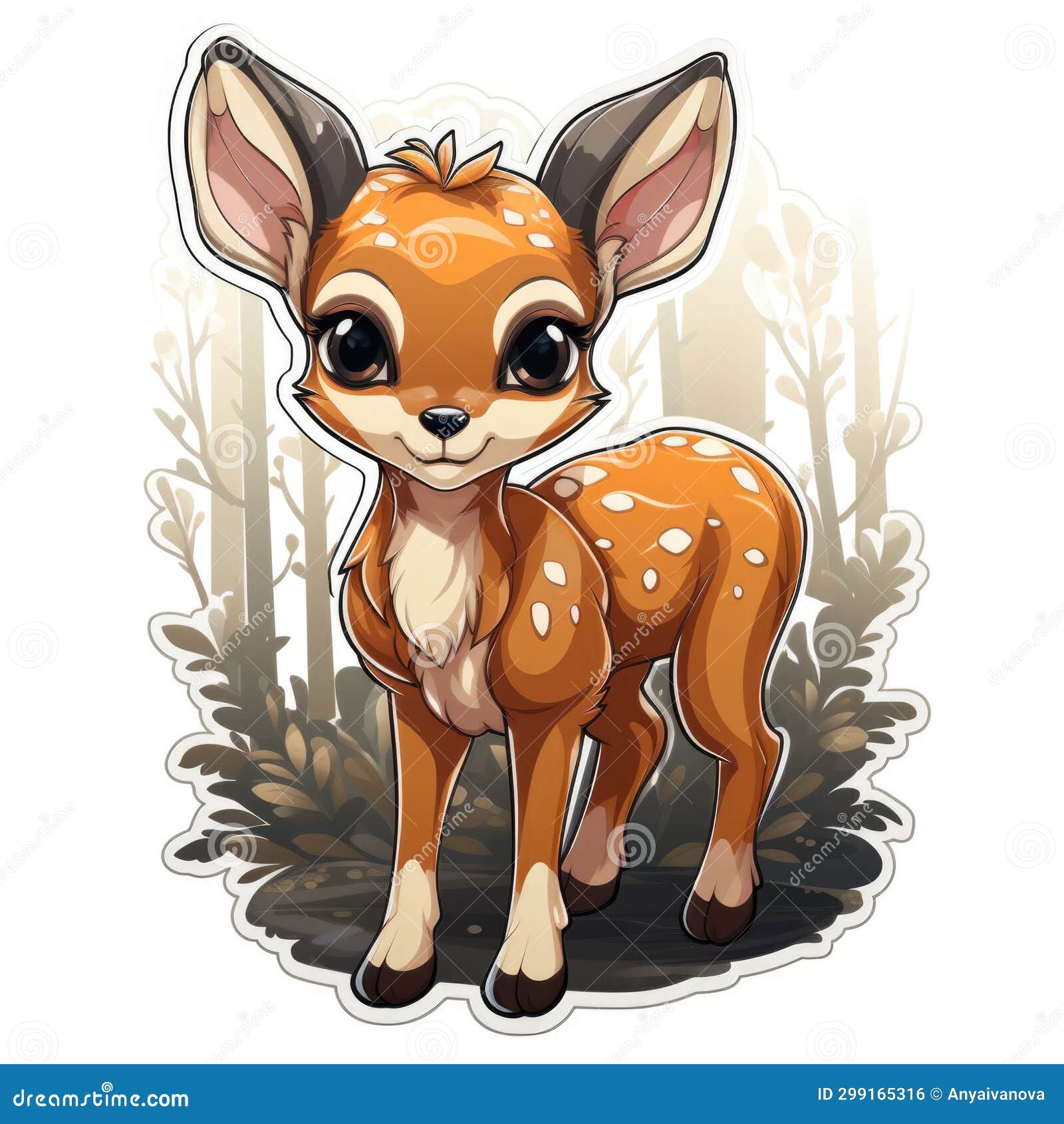 A Cartoon Deer with Big Eyes Standing in the Woods Stock Illustration ...