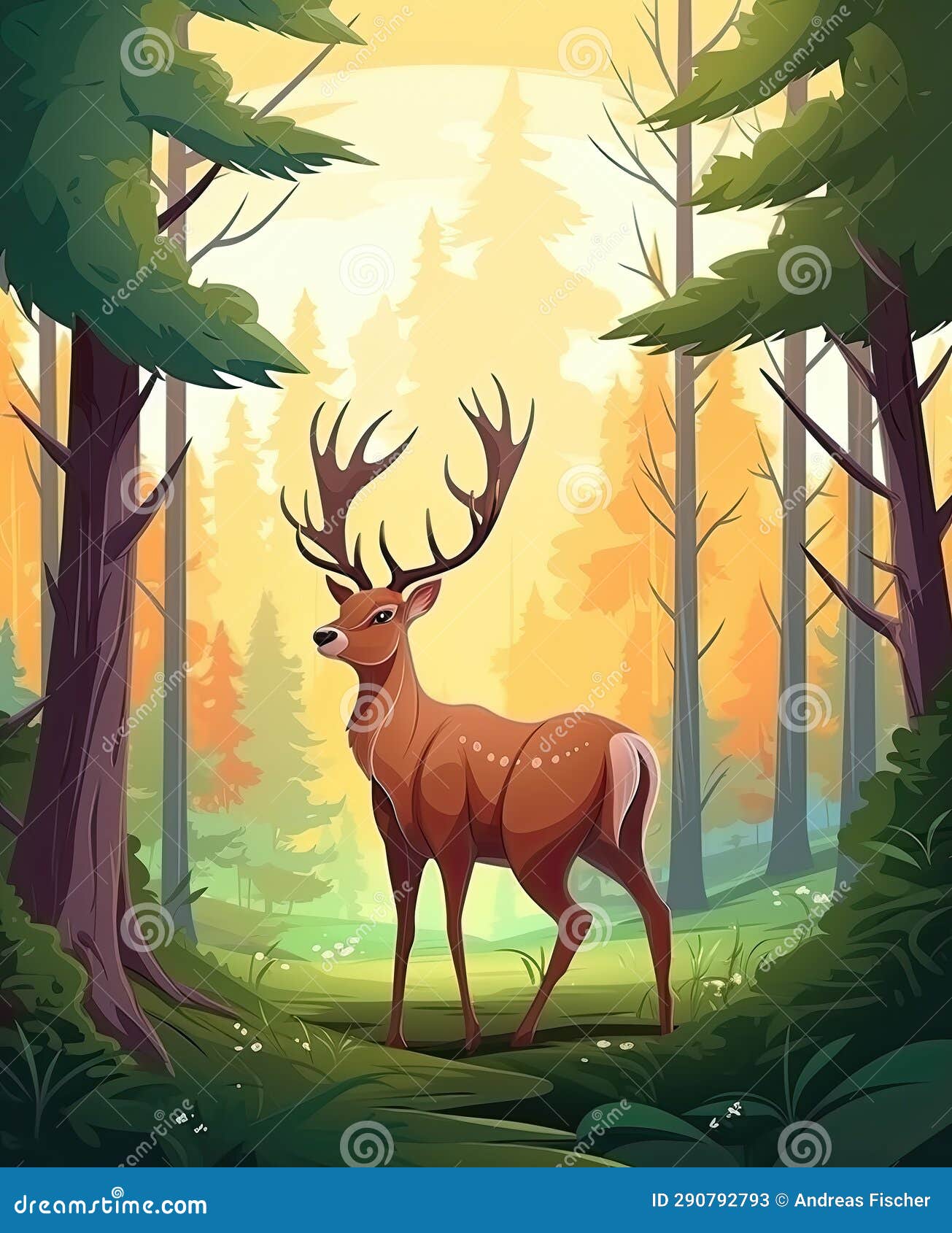 Cartoon Deer in the Forest among the Trees. Stock Illustration ...