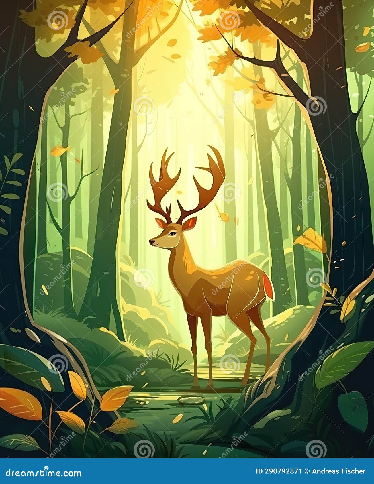 Cartoon Deer in the Forest among the Trees. Stock Illustration ...