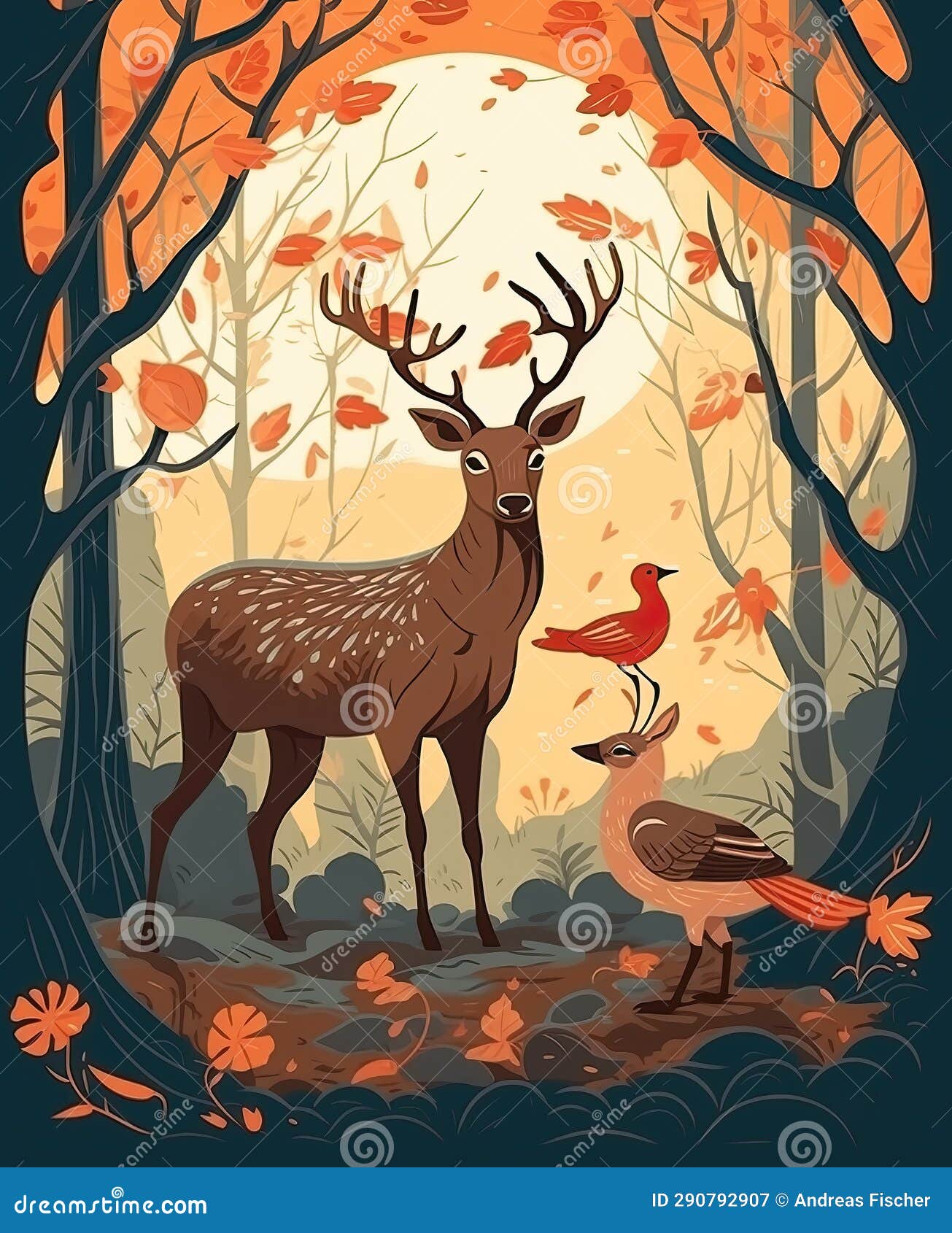 Cartoon Deer in the Forest among the Trees. Stock Image - Image of ...
