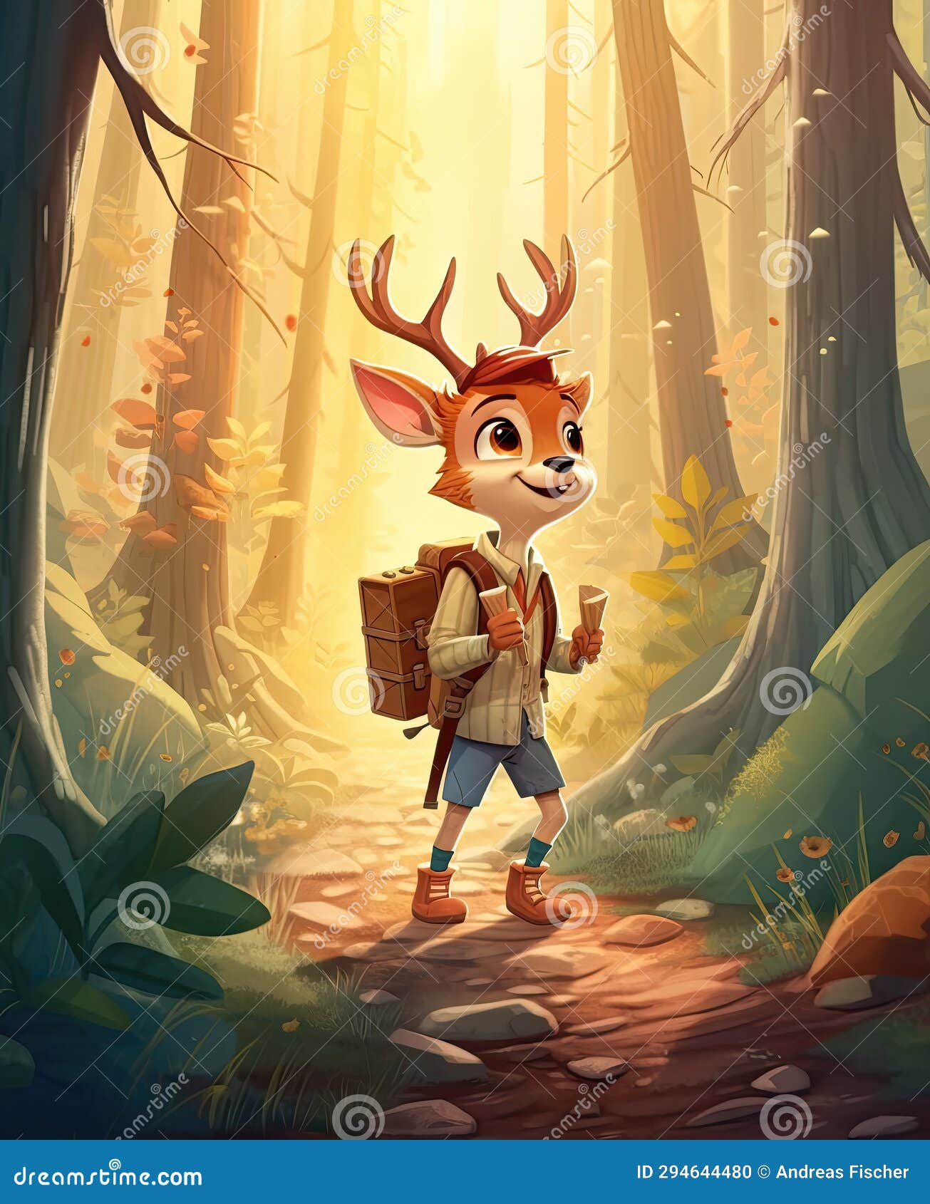 Cartoon Deer Tracker in a Natural Landscape. Stock Illustration ...