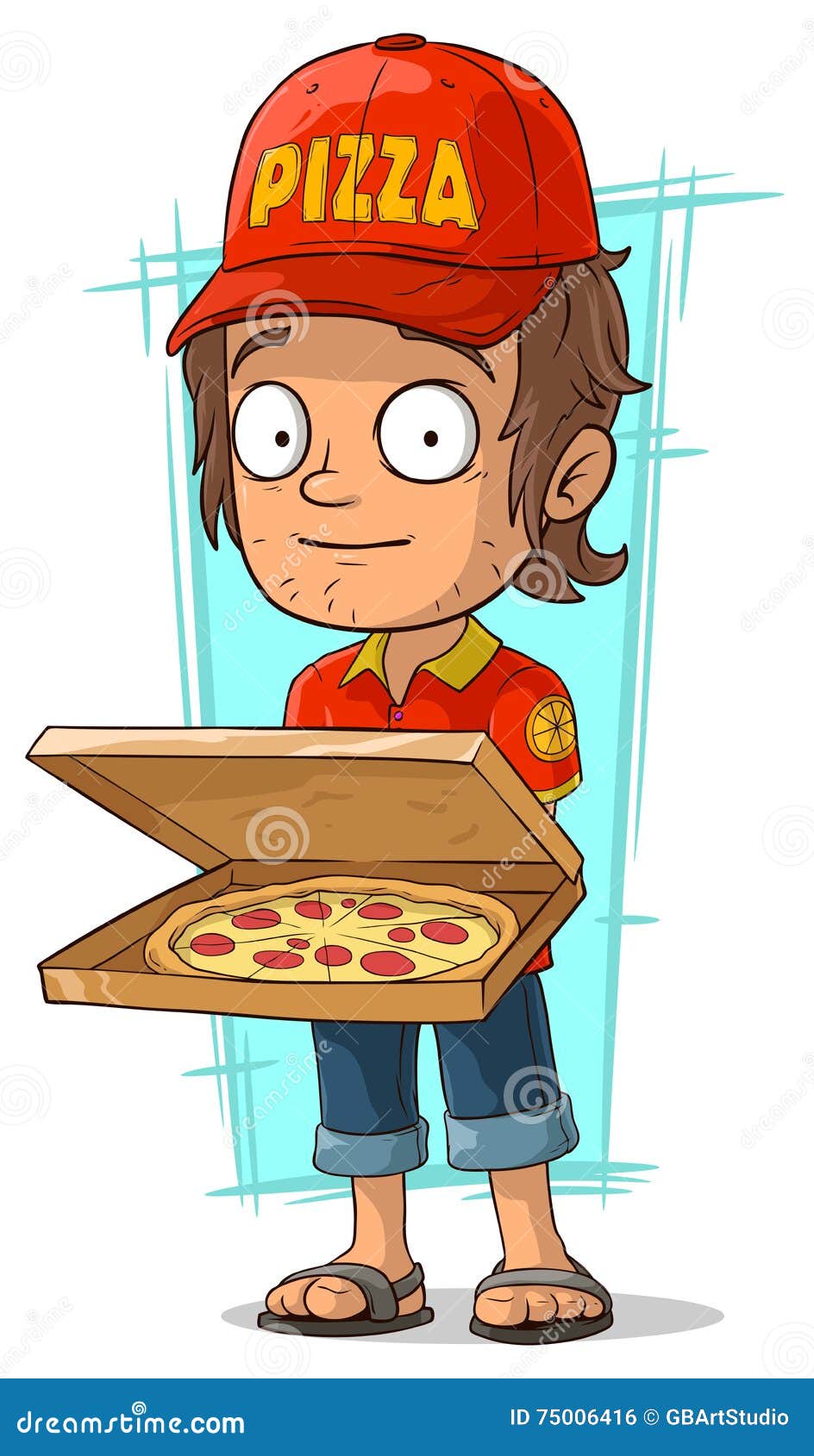 Cartoon Delivery Man with Open Pizza Box Stock Vector - Illustration of ...