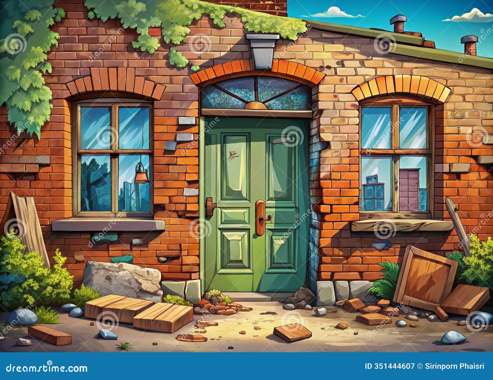 Cartoon Depiction of a Desolate Abandoned Building Crumbling Walls ...
