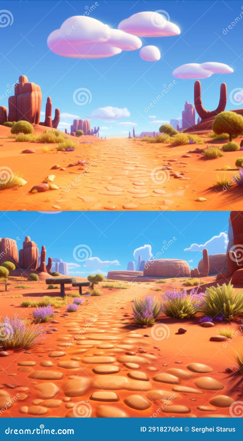 A Cartoon Desert Scene with Rocks and Plants. AI. Stock Illustration ...