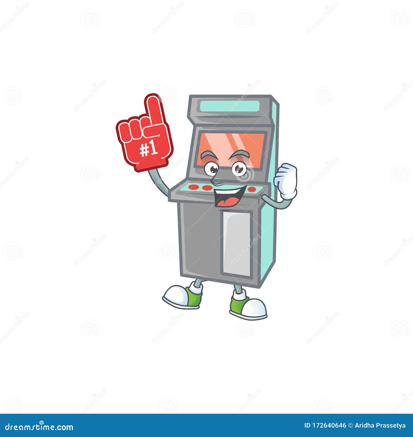 A Cartoon Design of Arcade Game Machine Holding a Foam Finger Stock ...