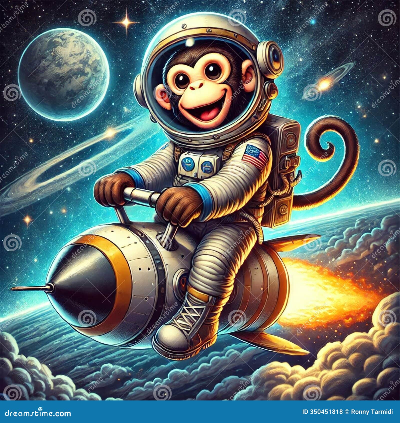 Cartoon Design of a Monkey Character Riding a Rocket Stock Illustration ...