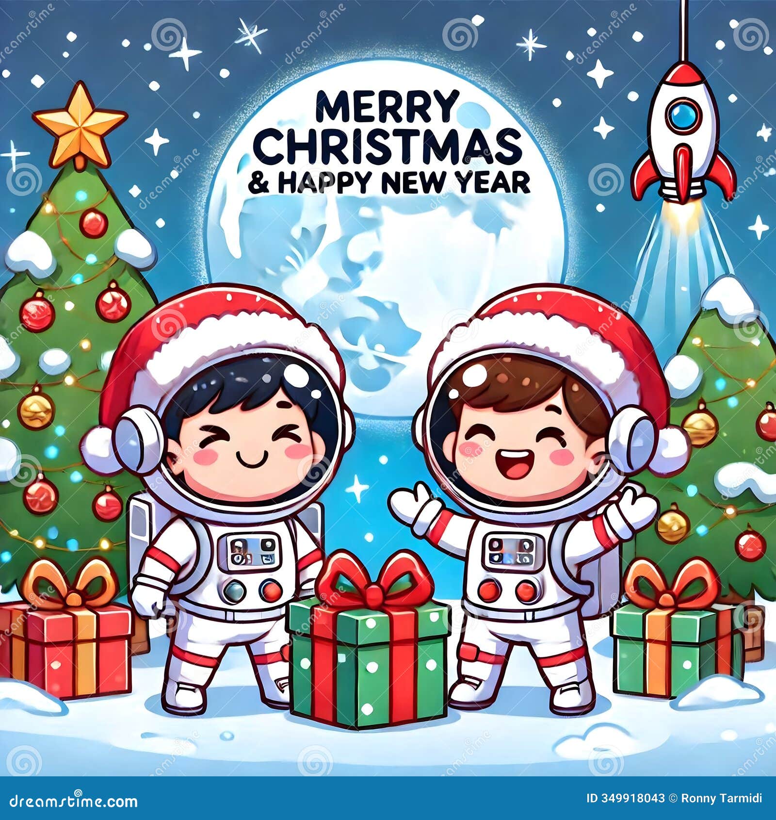 Cartoon Design of Two Astronauts Celebrating Christmas Together Stock ...