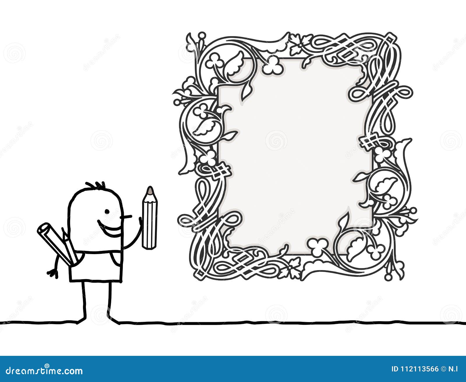 Cartoon Designer Drawing a Vintage Style Blank Frame Stock Vector ...