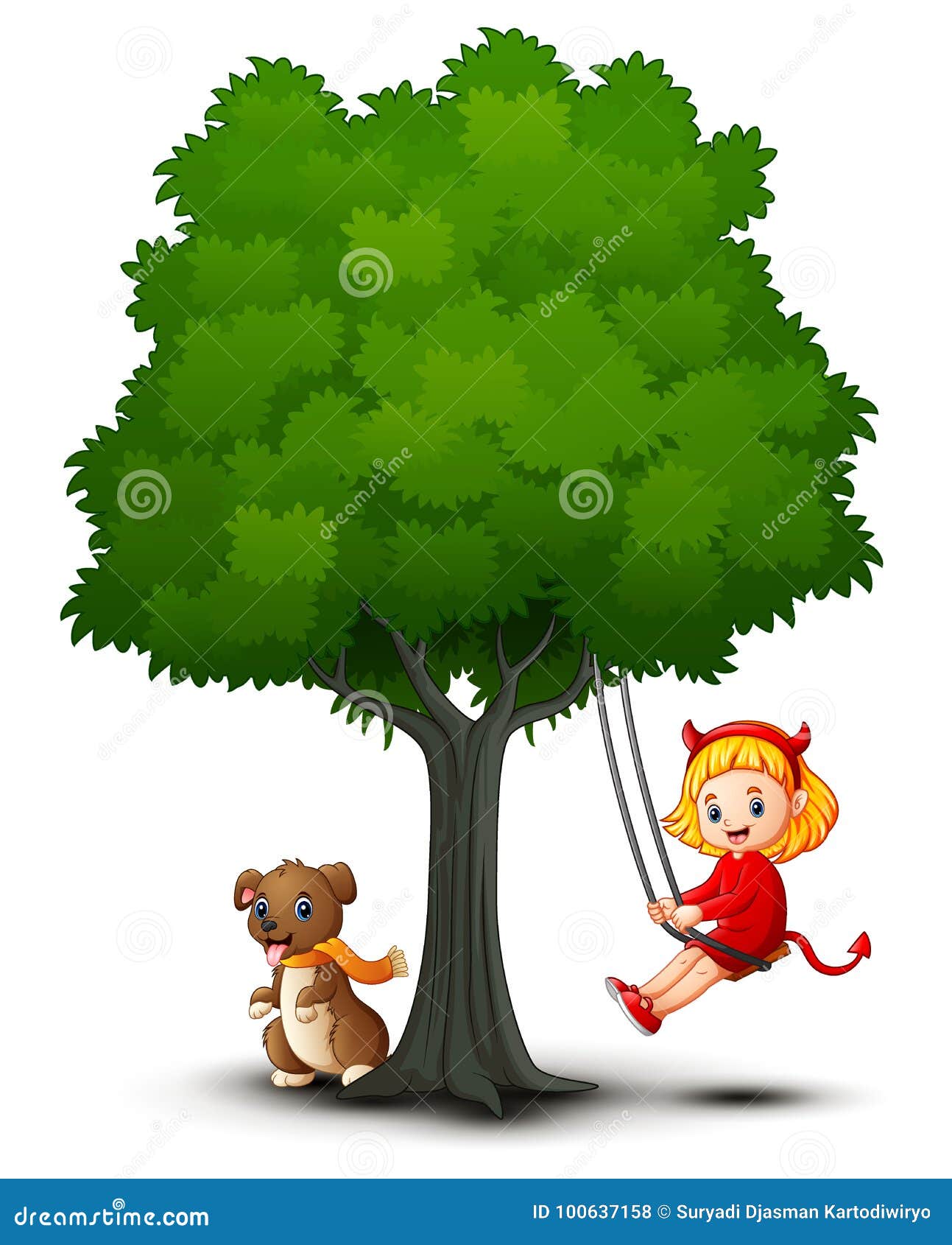 Cartoon Devil Girl And Dog Play Under The Tree Vector Illustration ...