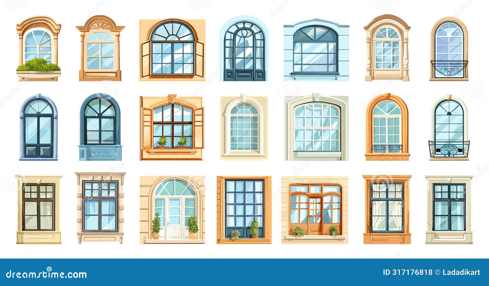 Cartoon Different Plastic Windows Set. Light Casement Flat Isolated ...