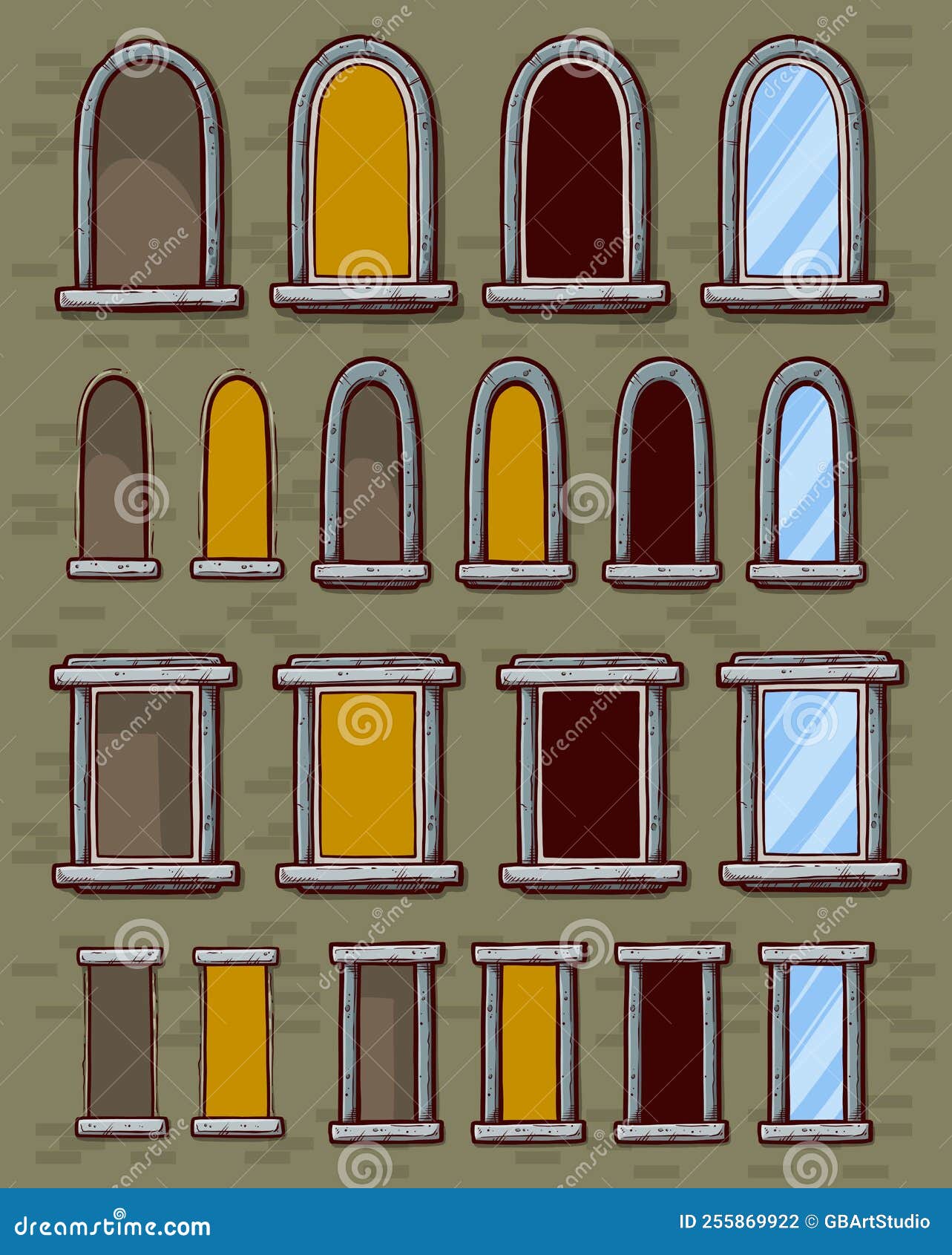 Cartoon Different Windows in Frame on a Brick Wal Stock Vector ...