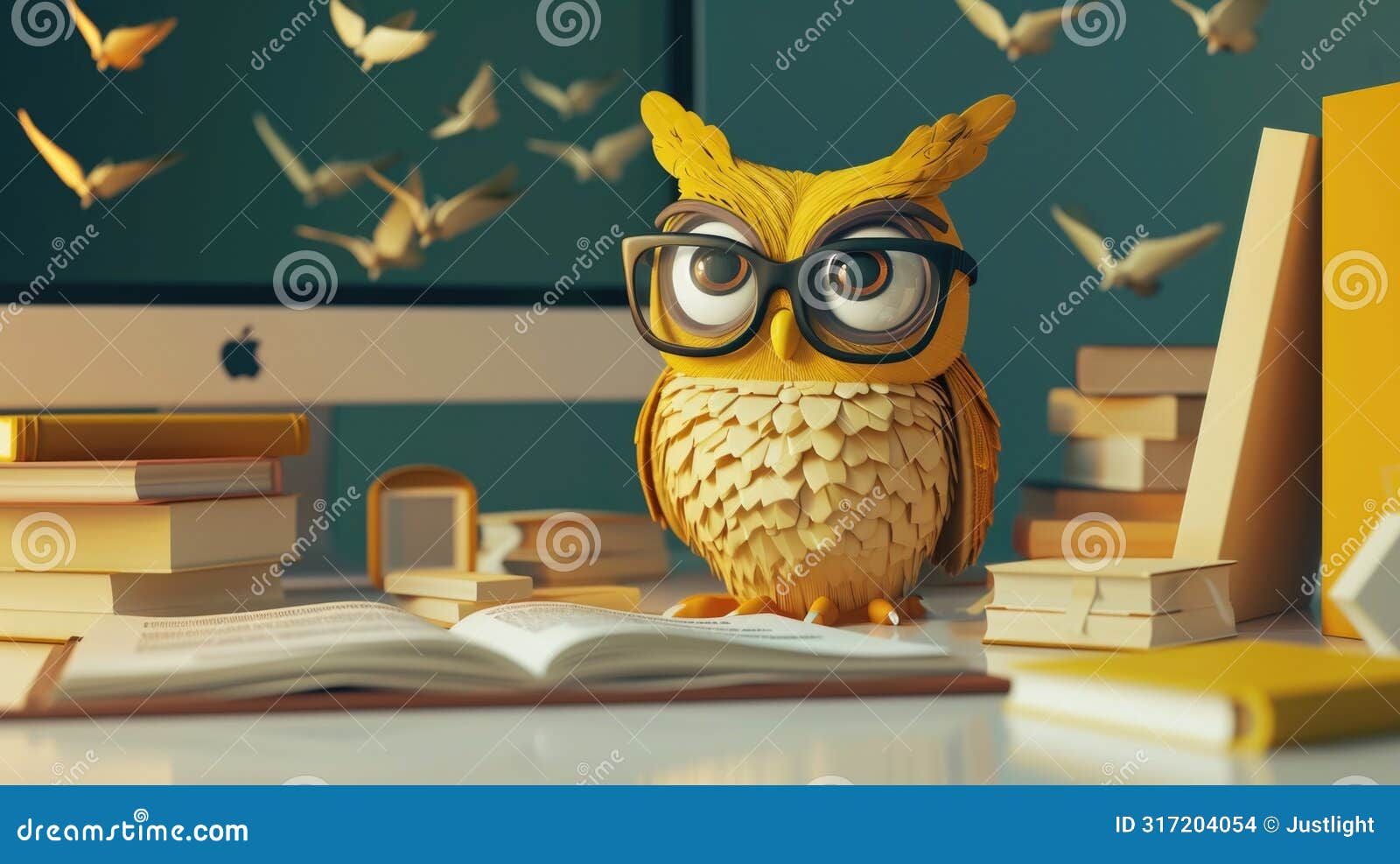 Cartoon Digital Avatar of a Knowledgeable Owl Wearing Glasses, Gazing ...