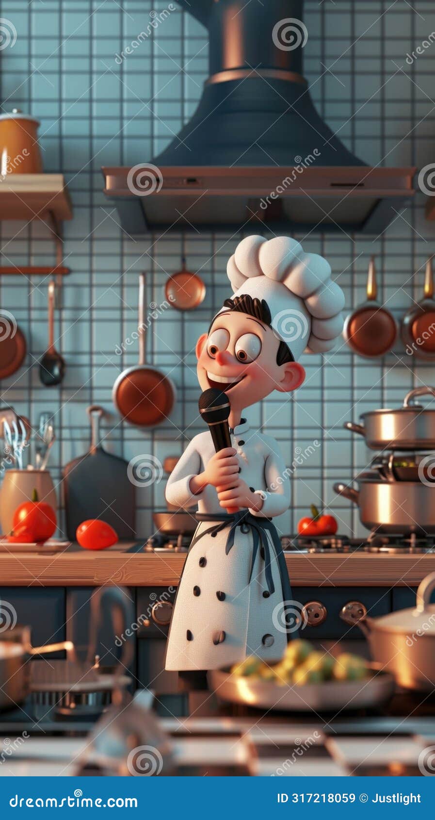 Cartoon Digital Avatars of a Chef Vlogger with Microphone in a Kitchen ...