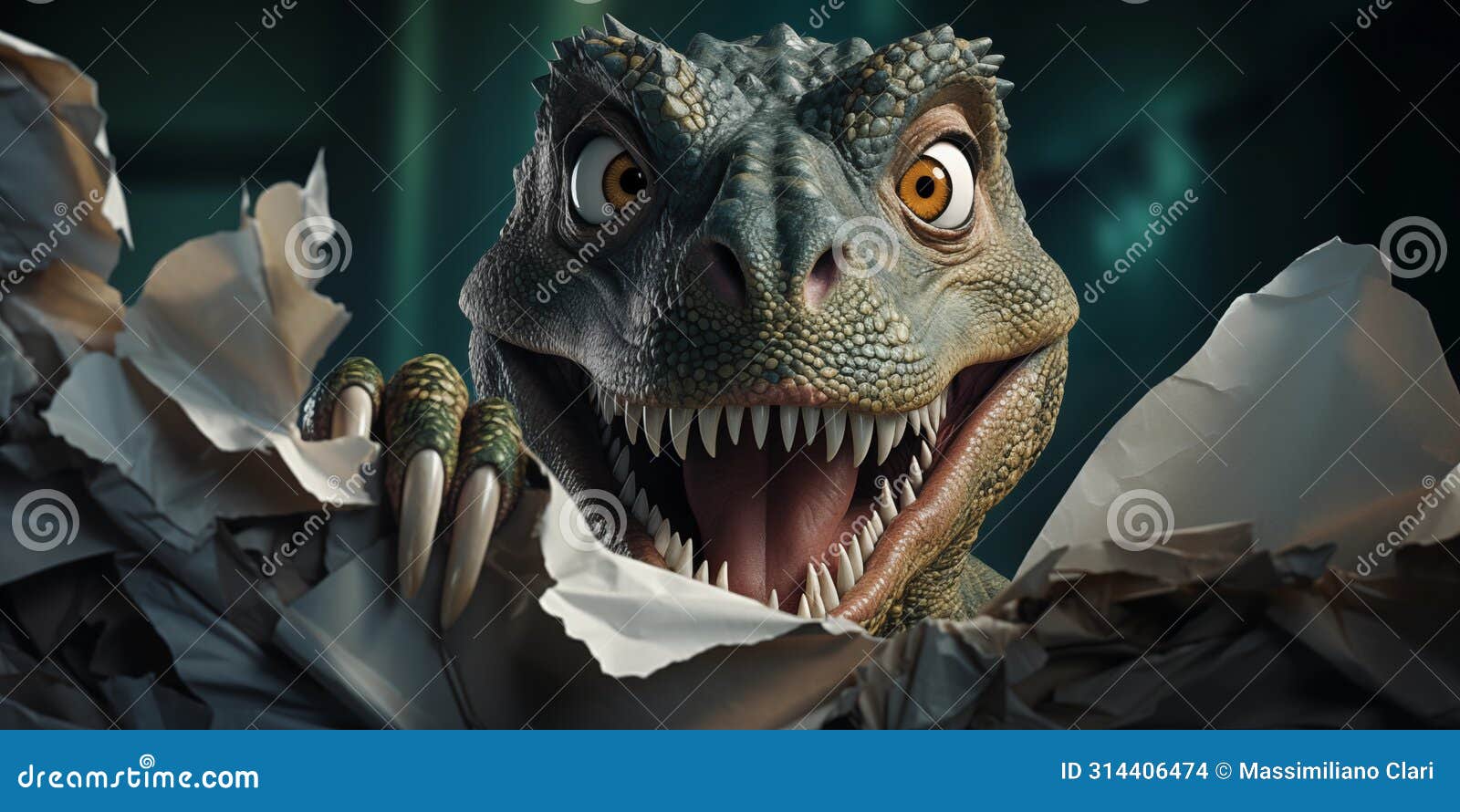 Cartoon Dinosaur with a Playful Grin Emerging from Torn Paper Stock ...