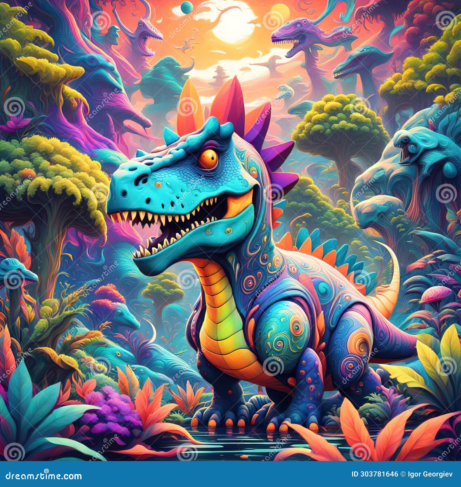 Cartoon Dinosaur in Psychedelic, Parallel World, Abstract Reality Stock ...
