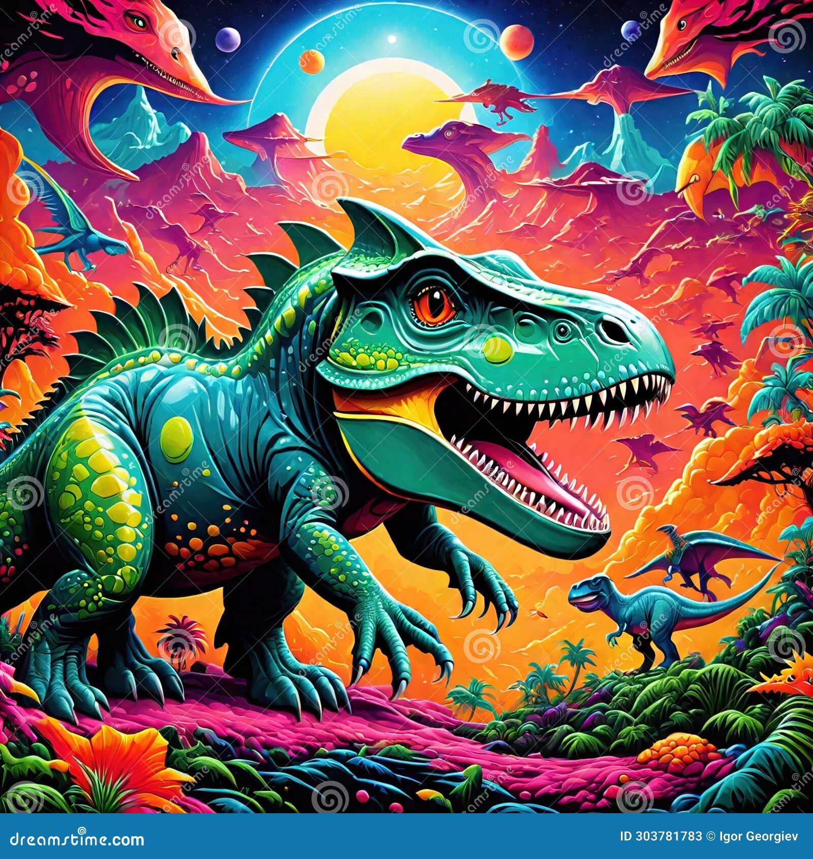 Cartoon Dinosaur in Psychedelic, Parallel World, Abstract Reality Stock ...