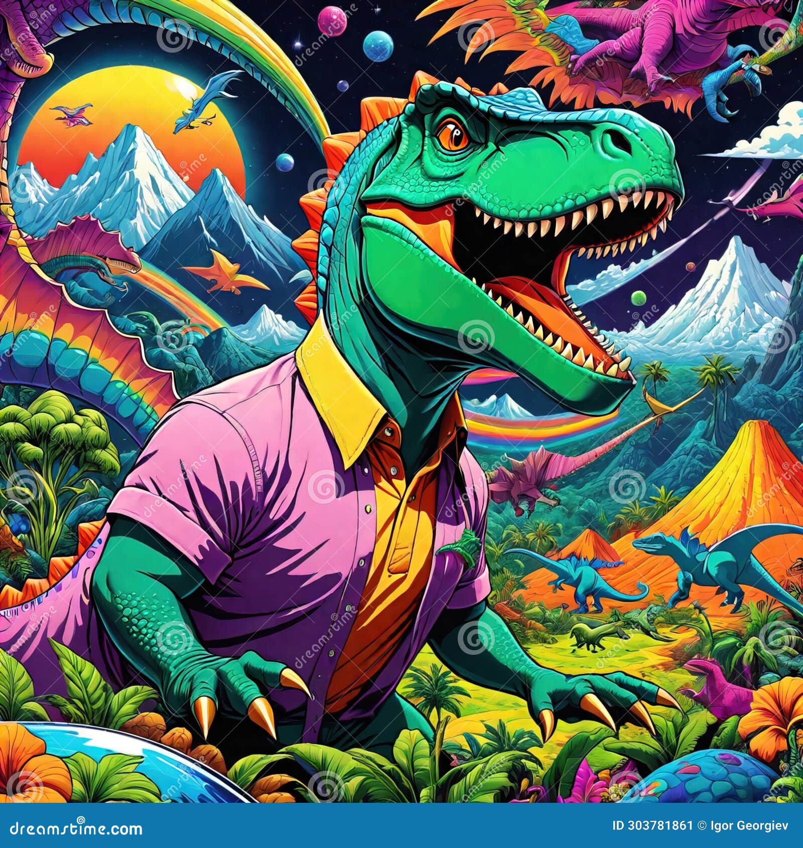 Cartoon Dinosaur in Psychedelic, Parallel World, Abstract Reality Stock ...