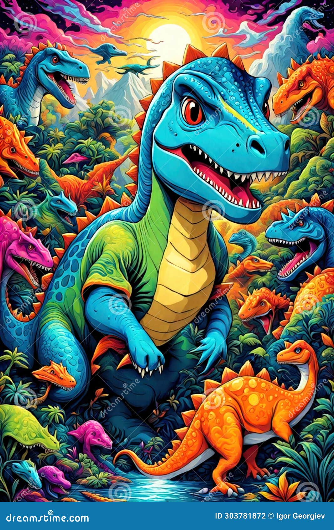 Cartoon Dinosaur in Psychedelic, Parallel World, Abstract Reality Stock ...