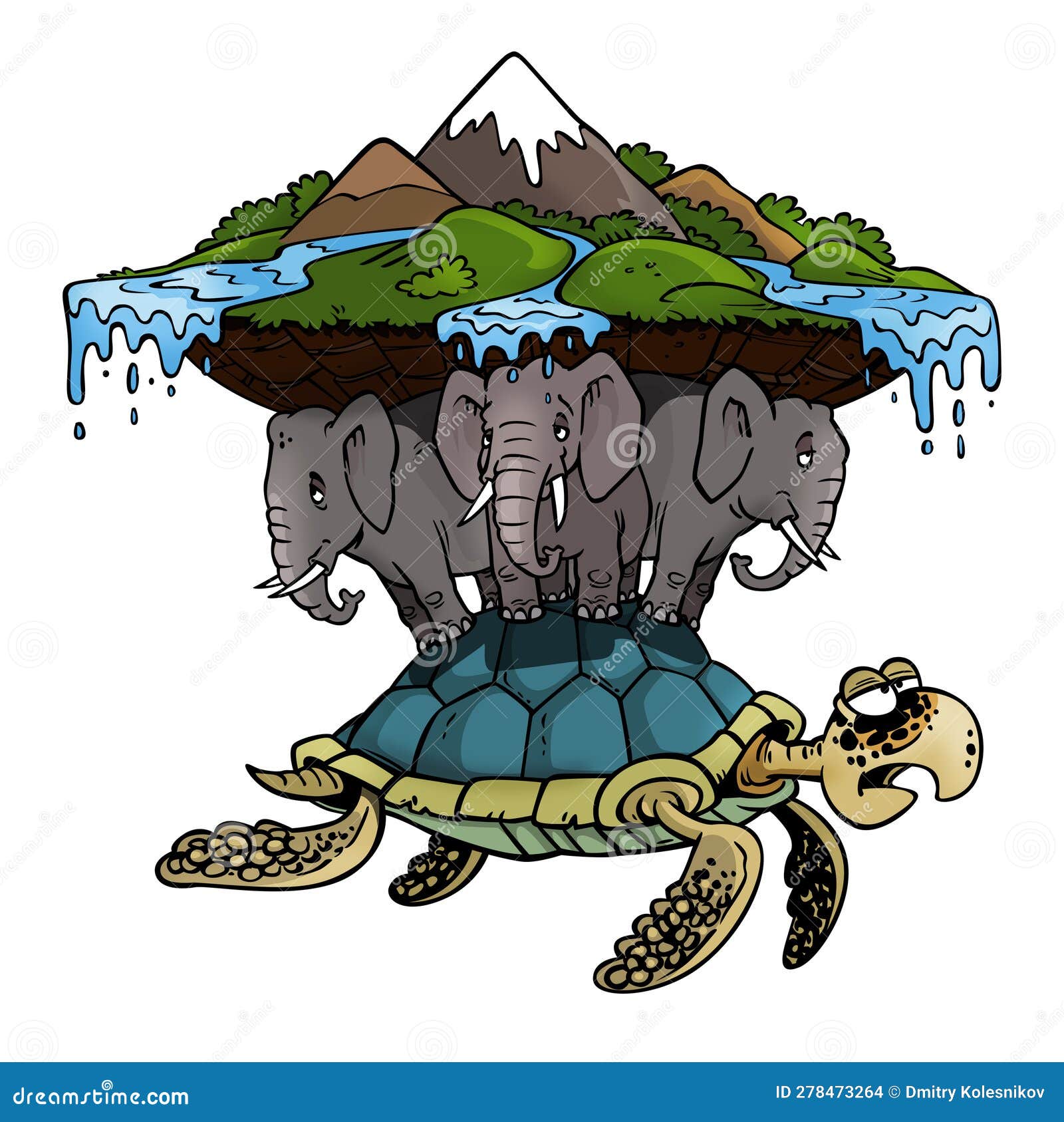 Elephants And Turtle Holding Flat Earth. Engraving Vintage Black ...