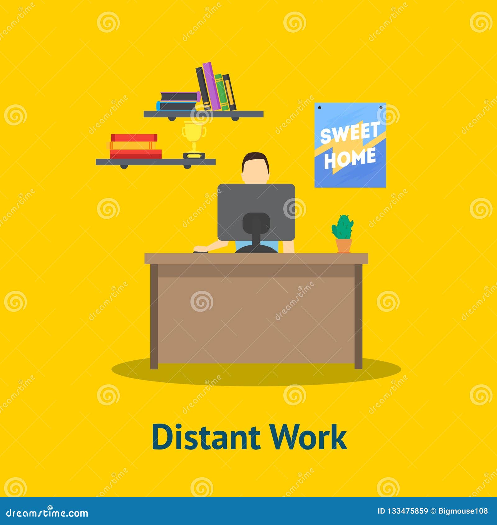 Cartoon Distant Work Man at Table. Vector Stock Vector - Illustration ...