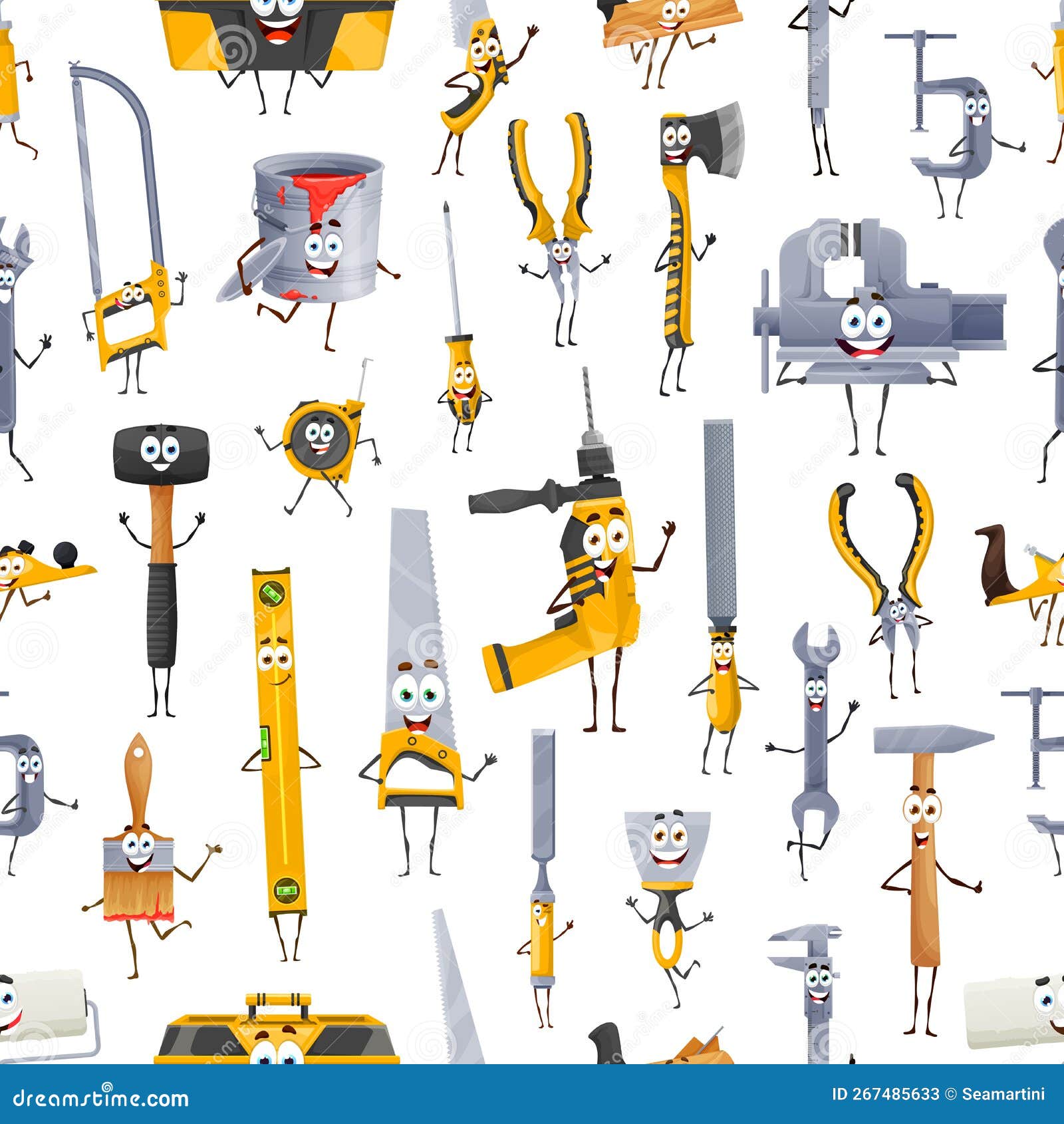 Cartoon DIY Tools Characters Seamless Pattern Stock Vector ...