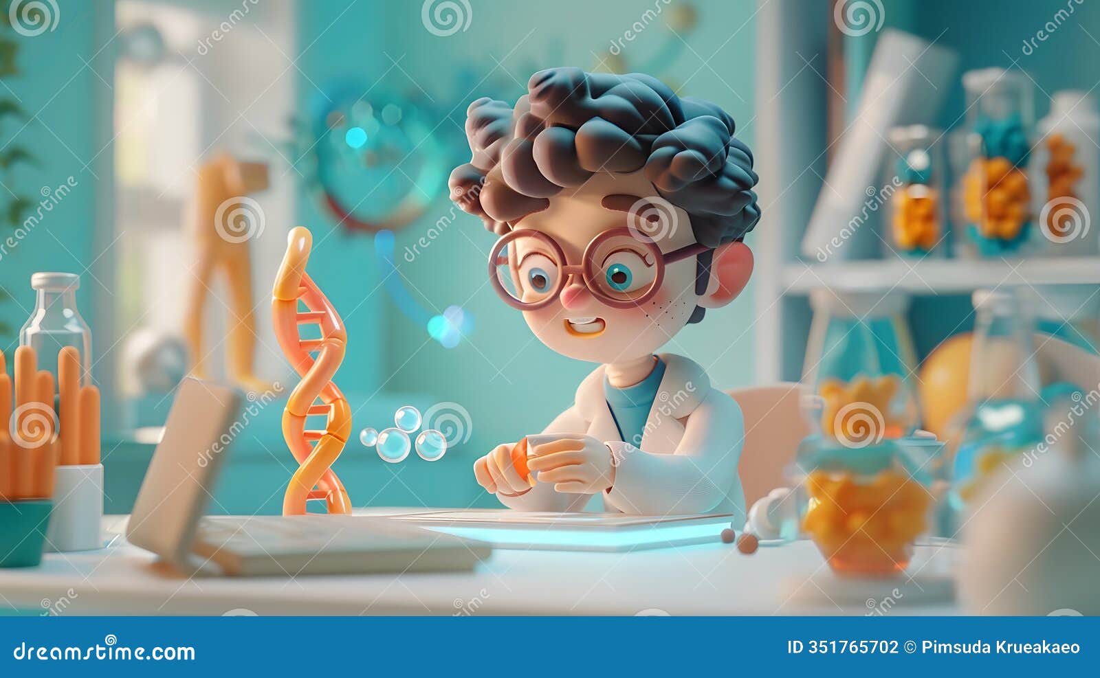 Cartoon DNA Researcher Examining Molecule in Science Laboratory Stock ...