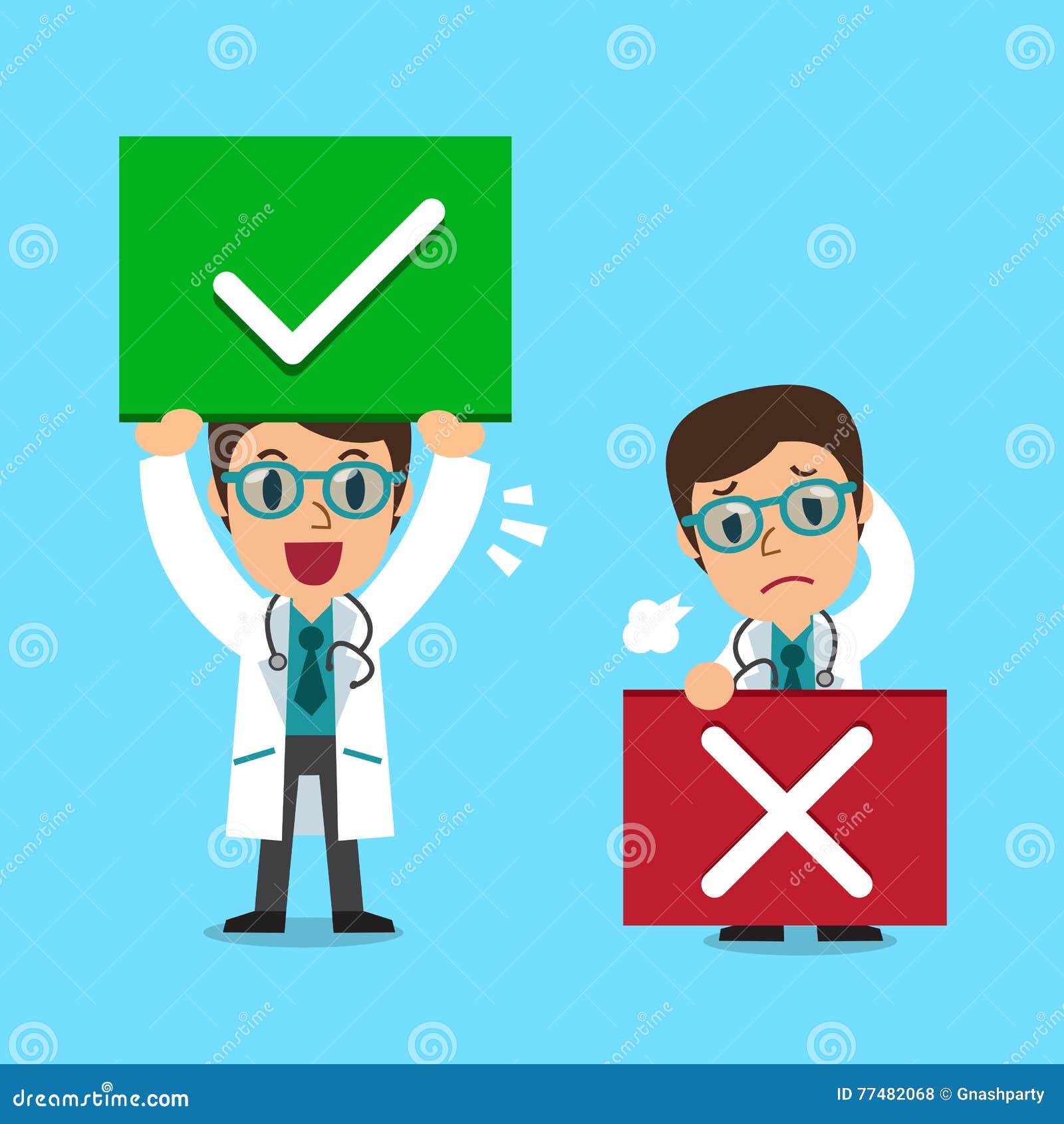Cartoon Doctor with Right and Wrong Signs Stock Vector - Illustration ...