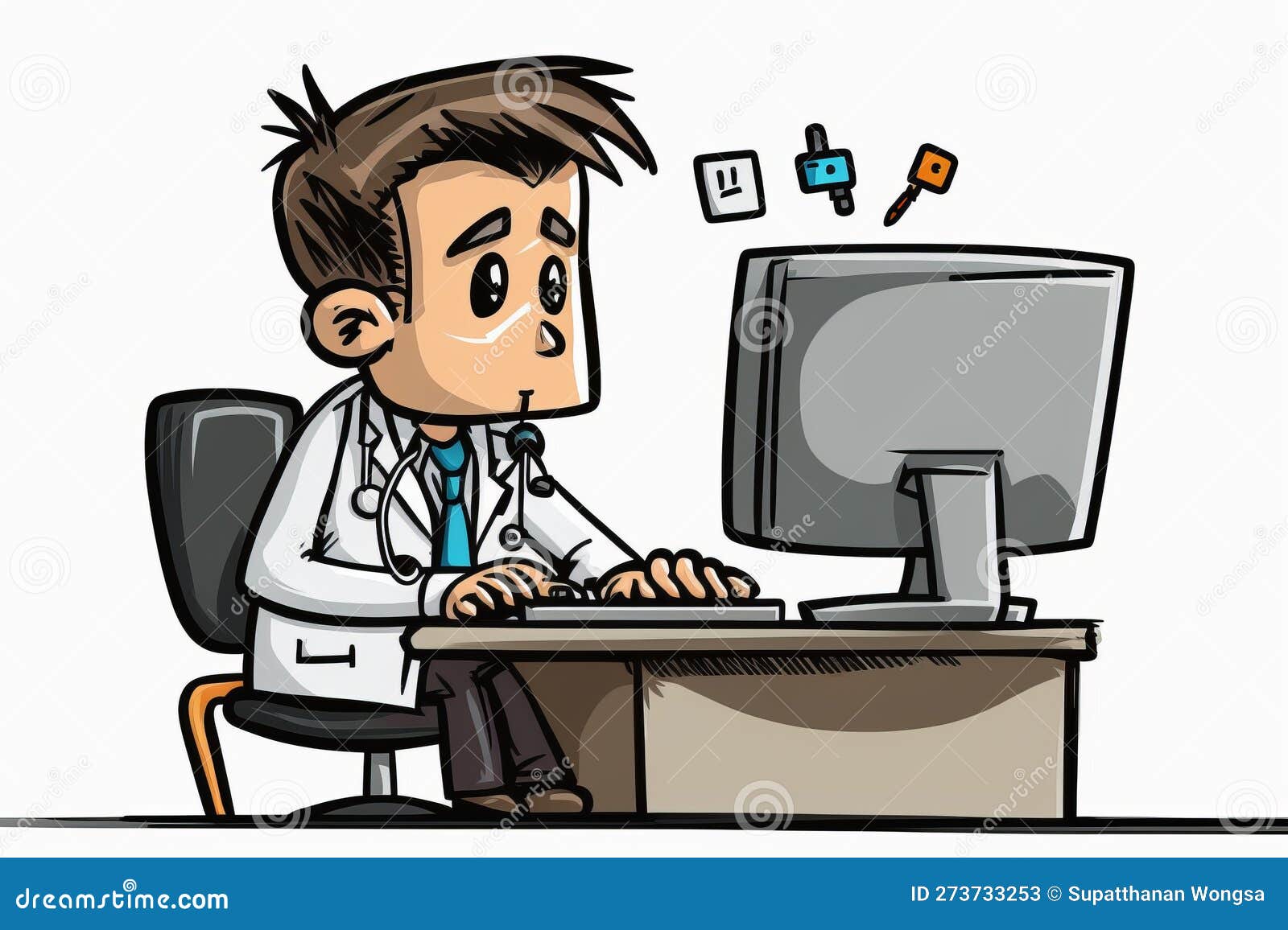 Cartoon Doctor Sitting in Front of Computer Stock Illustration ...