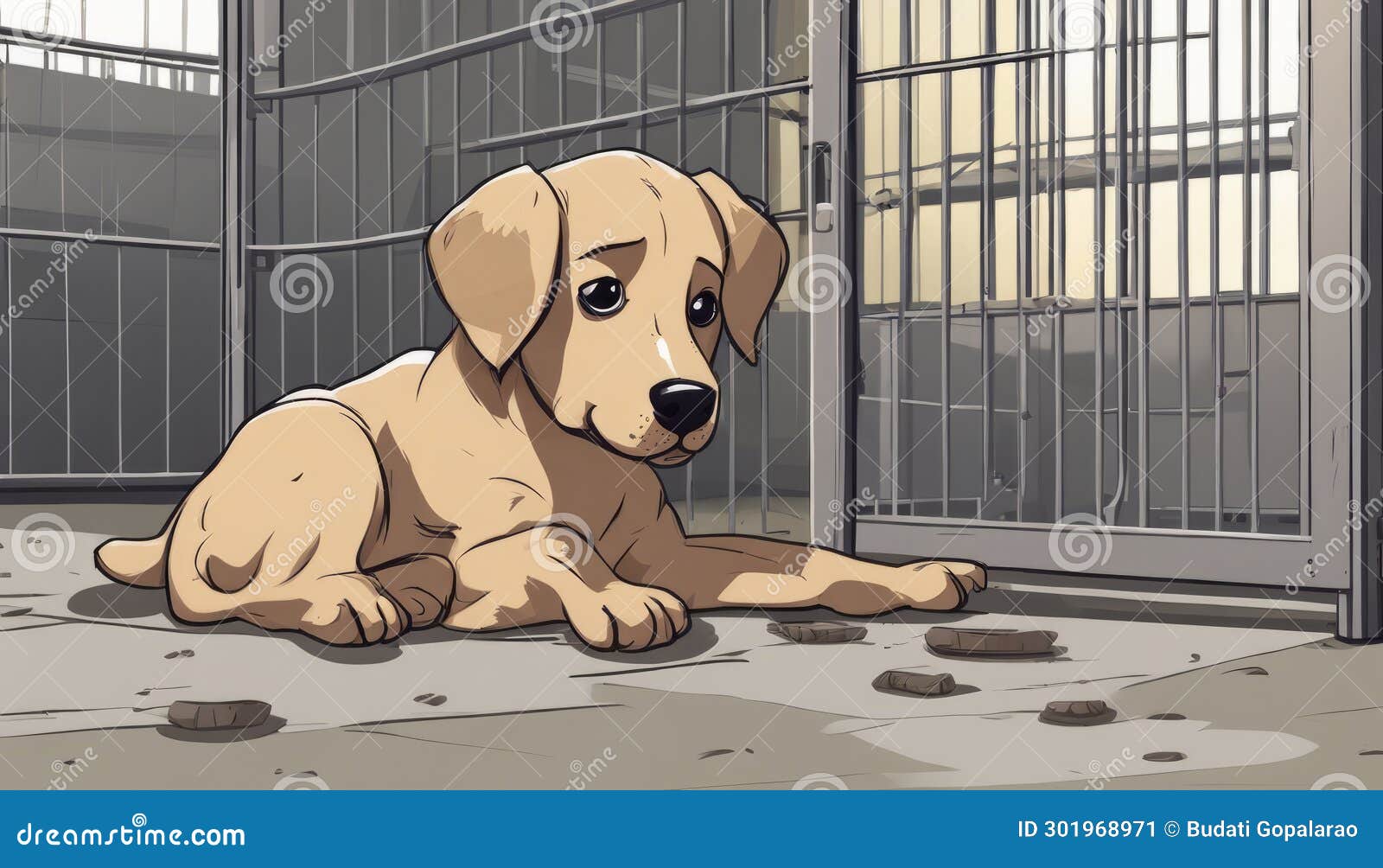 A Cartoon Dog Sitting in a Cage Stock Illustration - Illustration of ...