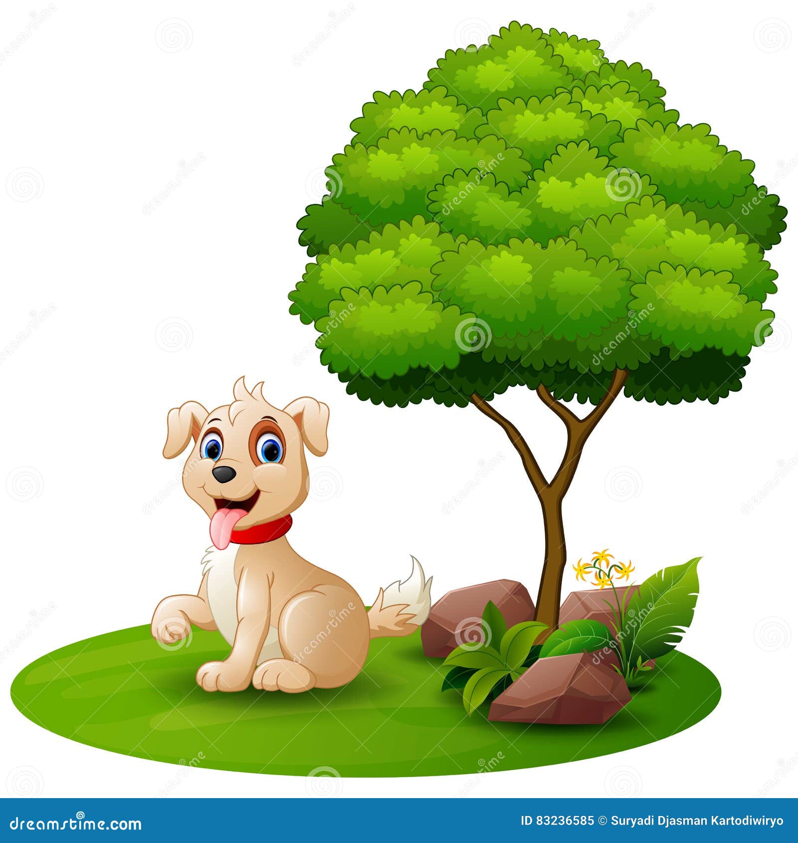 Cartoon Dog Sitting Under a Tree on a White Background Stock Vector ...