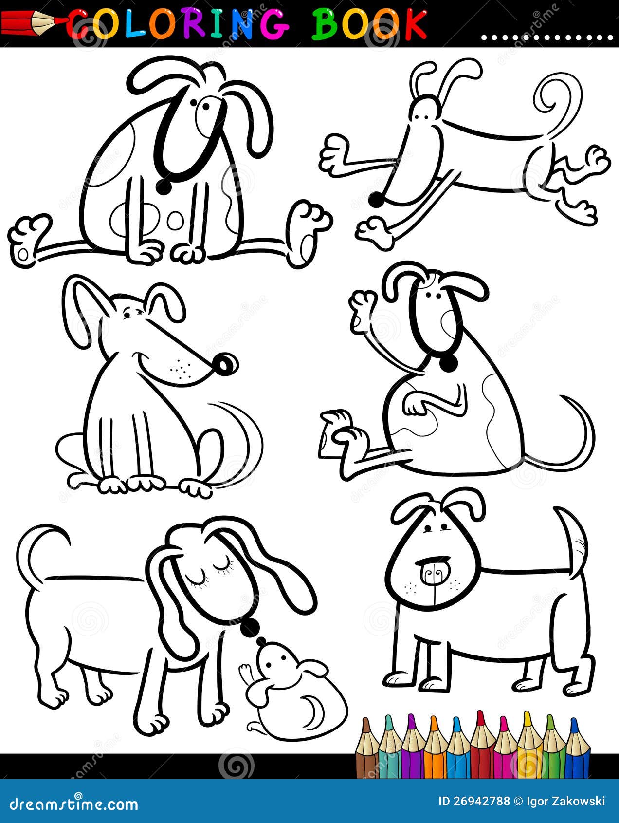 Cartoon Dogs For Coloring Book Or Page Vector Illustration ...