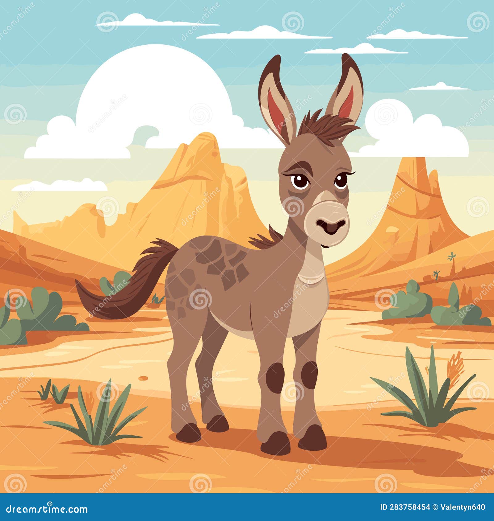 Cartoon Donkey Standing in the Desert with Mountain in the Back Ground ...