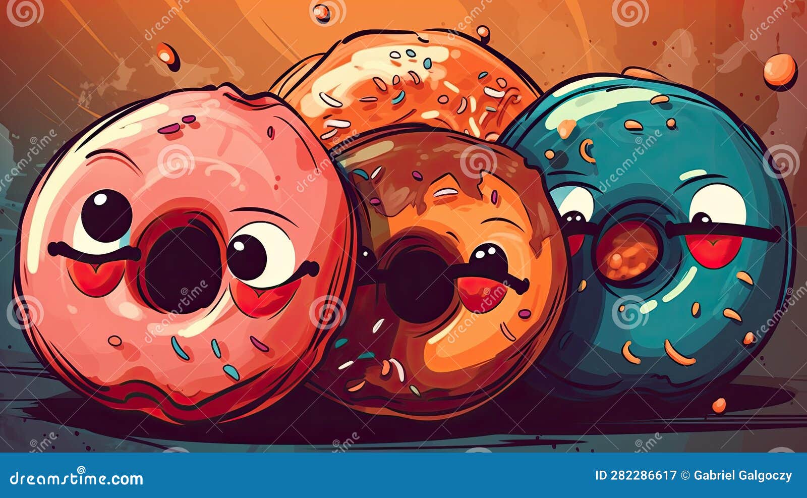 Cartoon Donuts with Different Faces on Colorful Background Stock ...