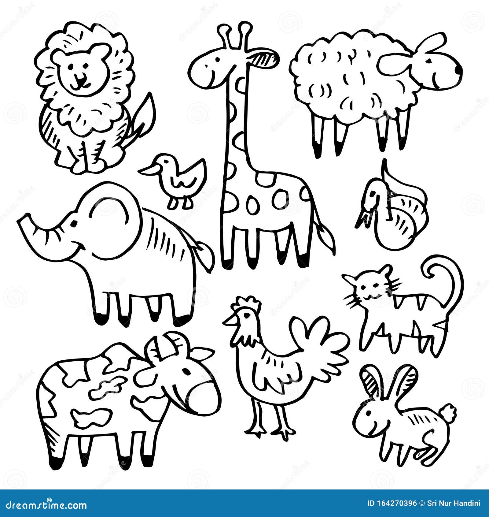 Doodle Animals Vector Set. Owl, Bear, Monkey, Panda Unicorn, Tiger ...