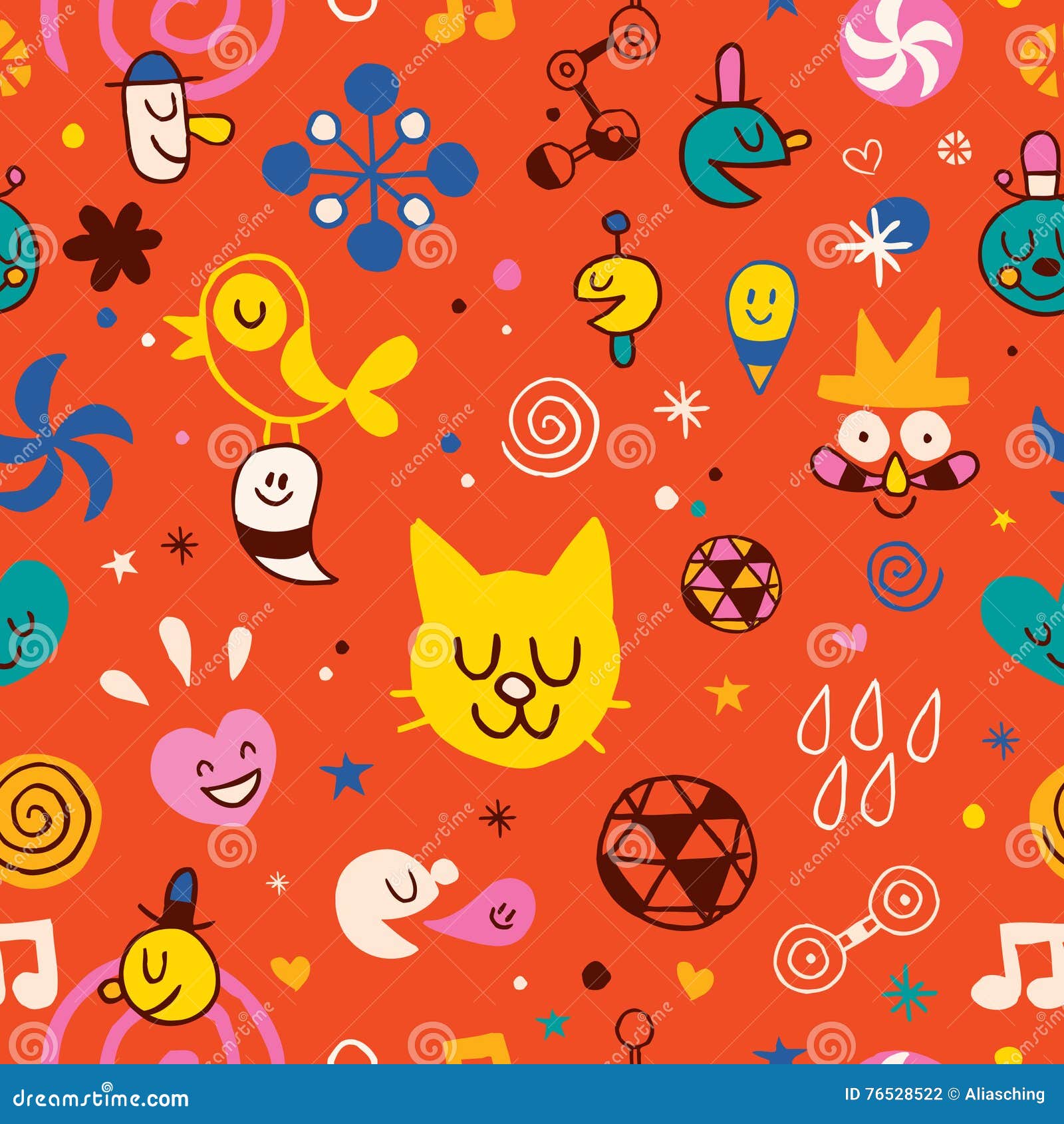 Cartoon Doodle Characters Seamless Pattern Stock Vector - Illustration ...