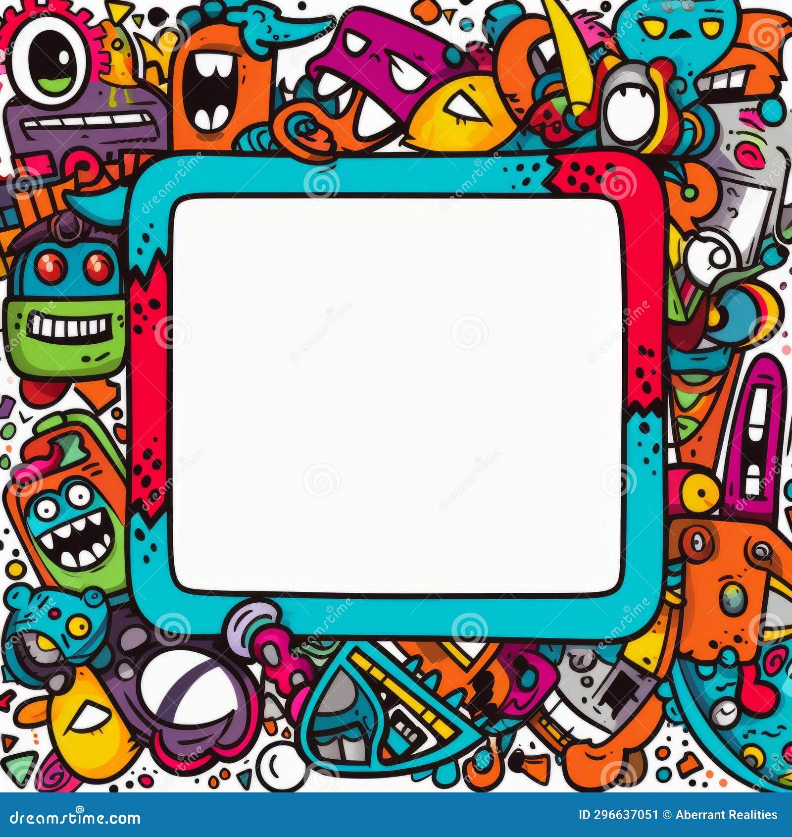 Cartoon Doodle Frame with Colorful Monsters and Other Objects Stock ...