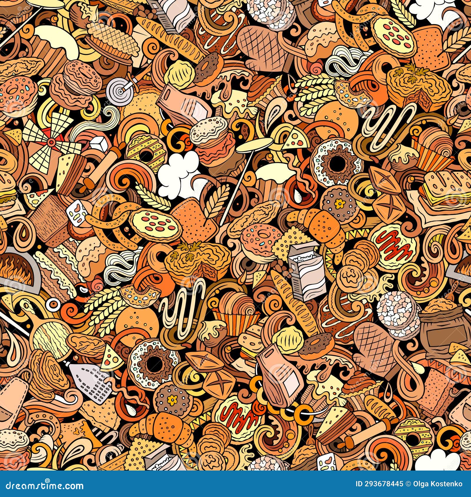 Cartoon Doodles Bakery Seamless Pattern Stock Vector - Illustration of ...