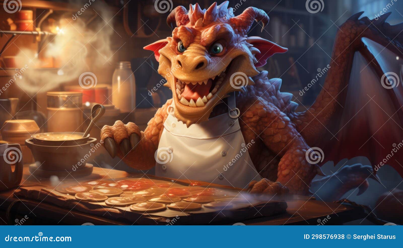 A Cartoon Dragon is Cooking in a Kitchen, AI Stock Illustration ...