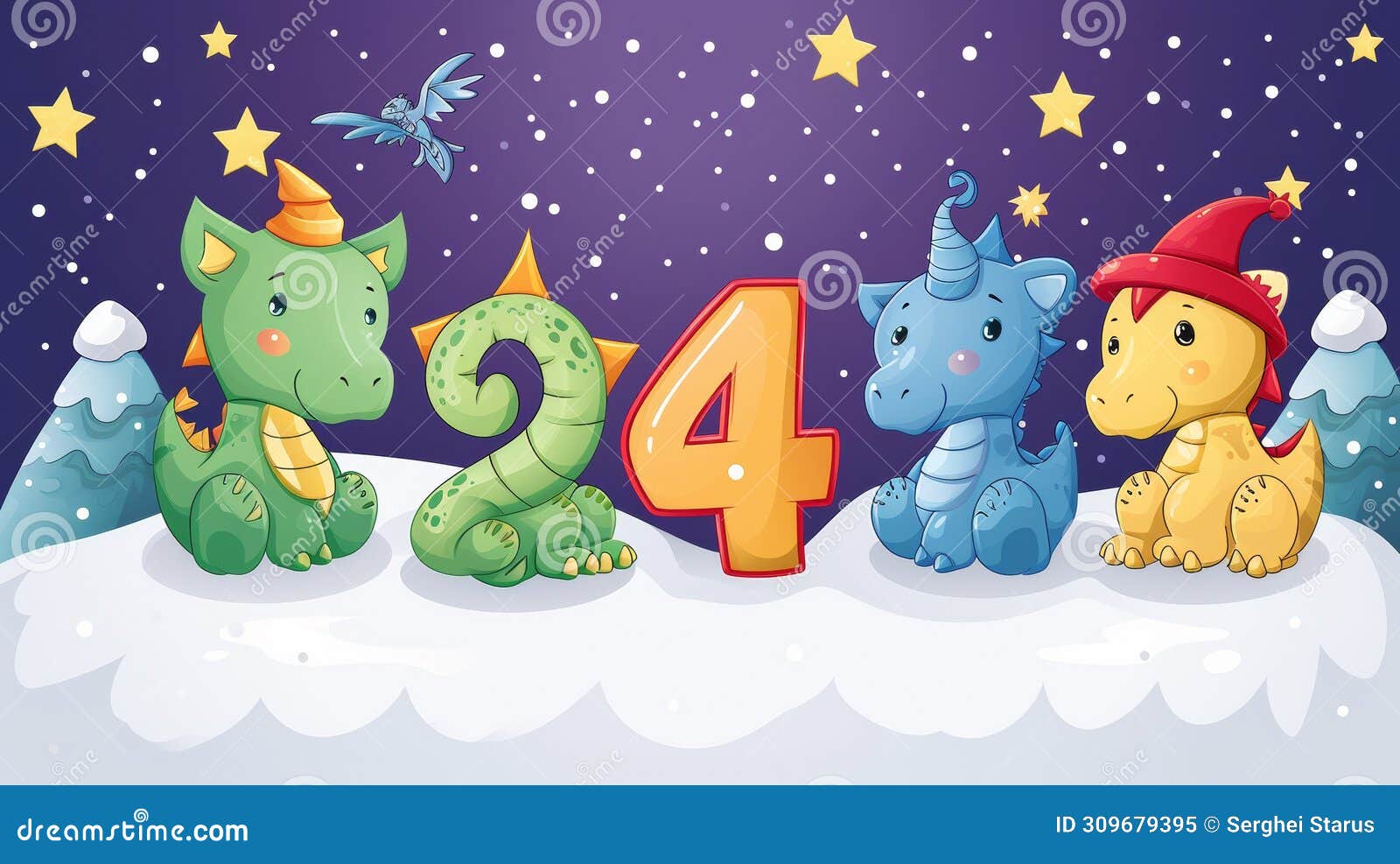 A Cartoon Dragons are Sitting on a Snow Covered Ground, AI Stock ...