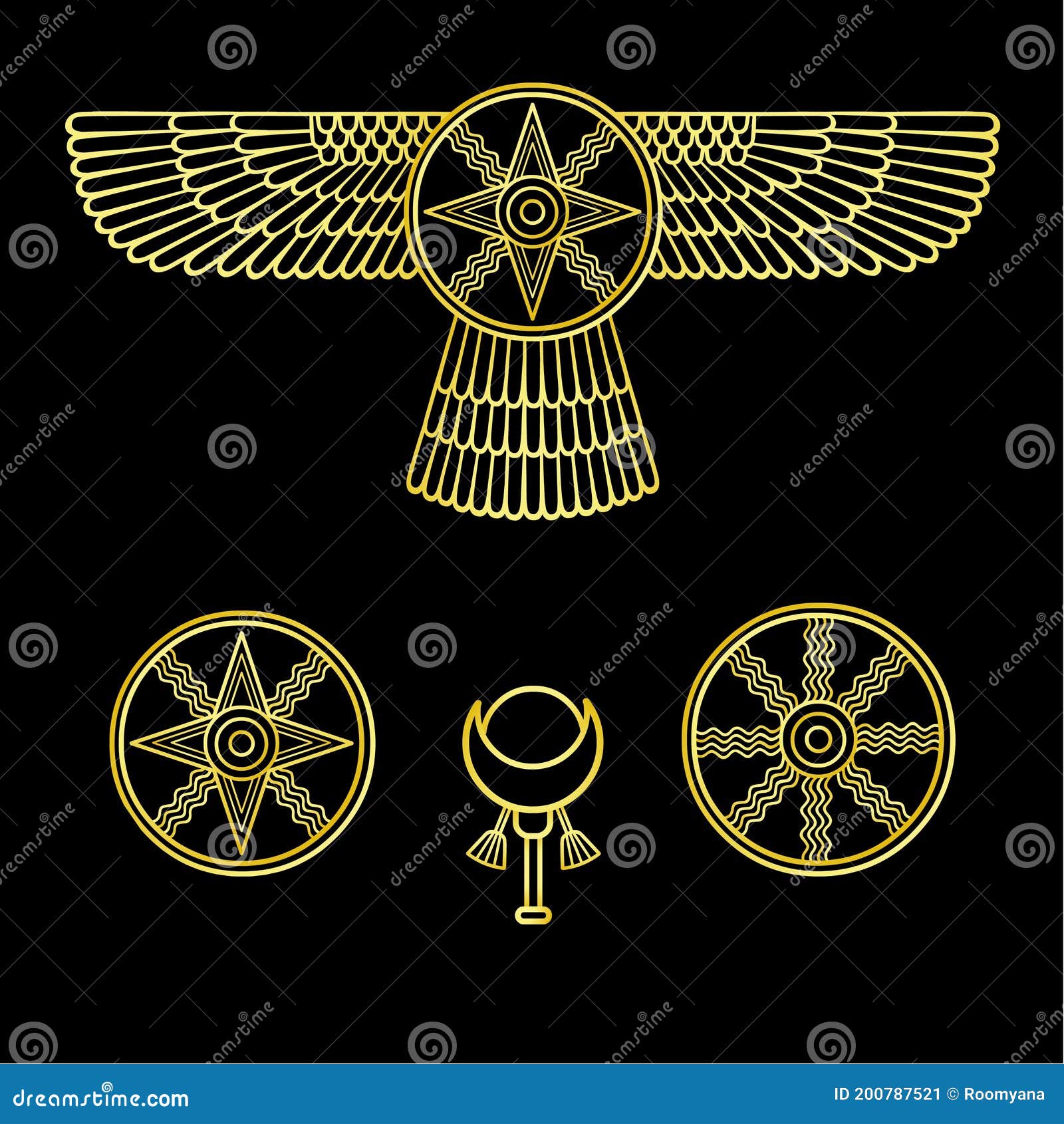 Cartoon Drawing Ancient Sumerian Symbols Winged Star Stock Vector Illustration Of Assyria