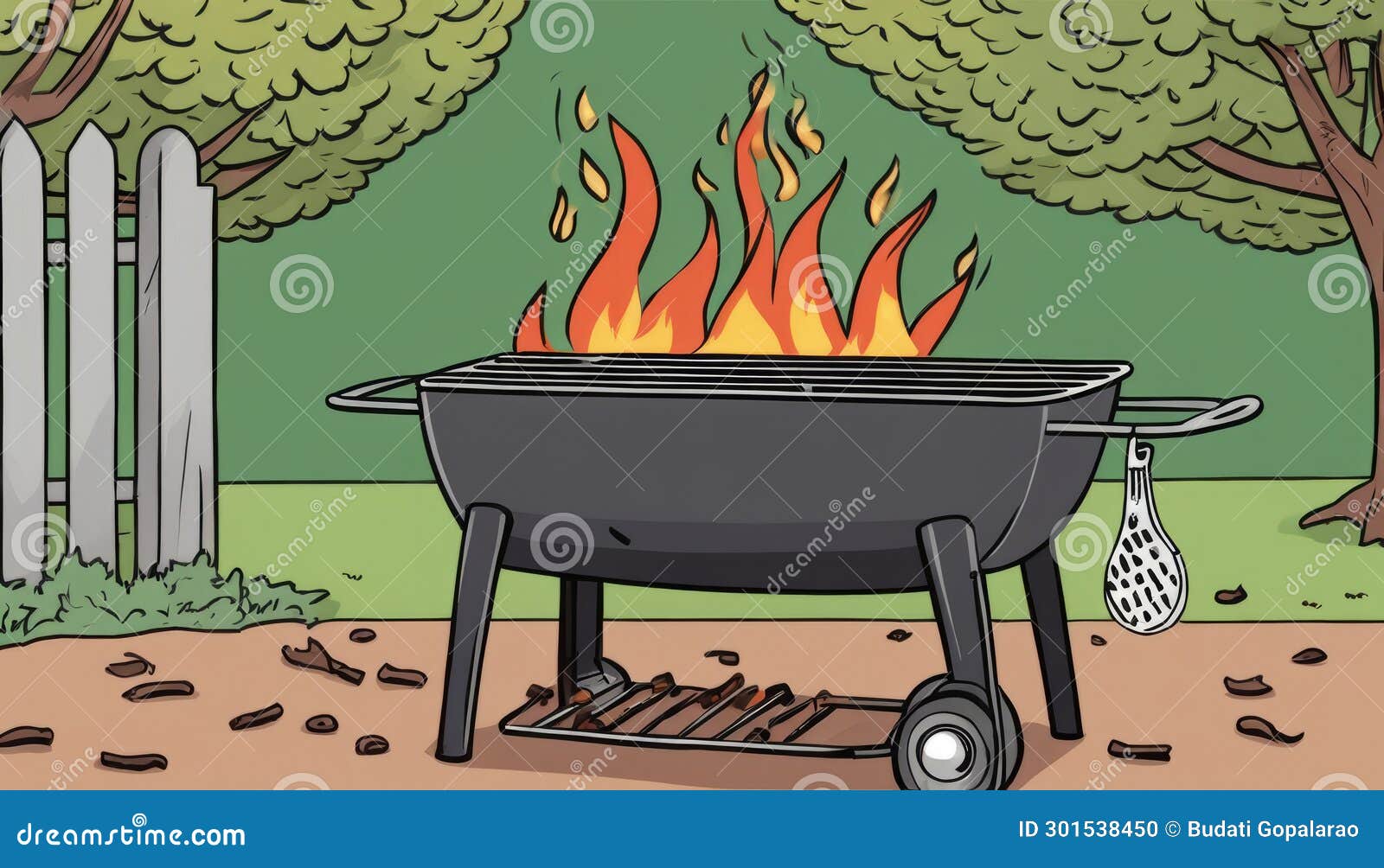A Cartoon Drawing of a BBQ Grill with Flames Stock Illustration ...